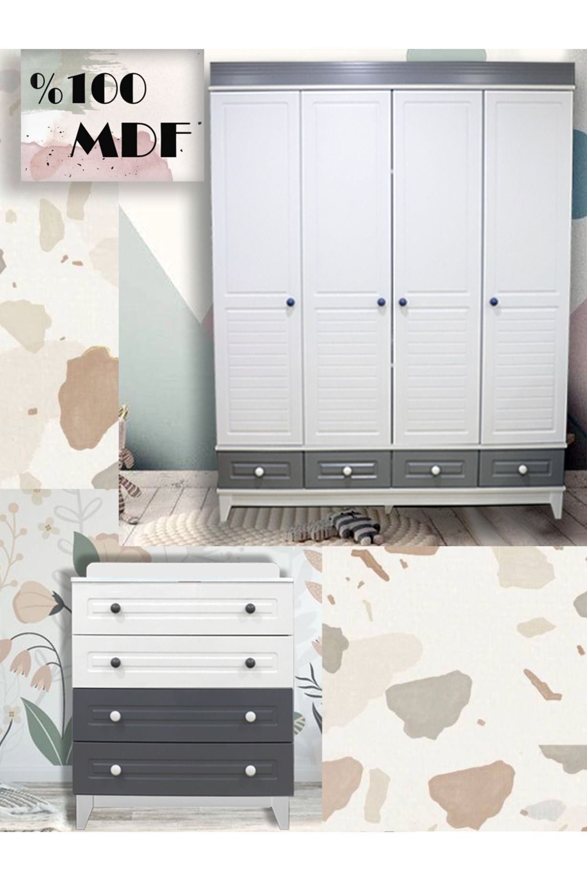 Koza %100 MDF Stella Gri 4 Kapılı Dolap & Stella Gri 4 Çekmeceli ...