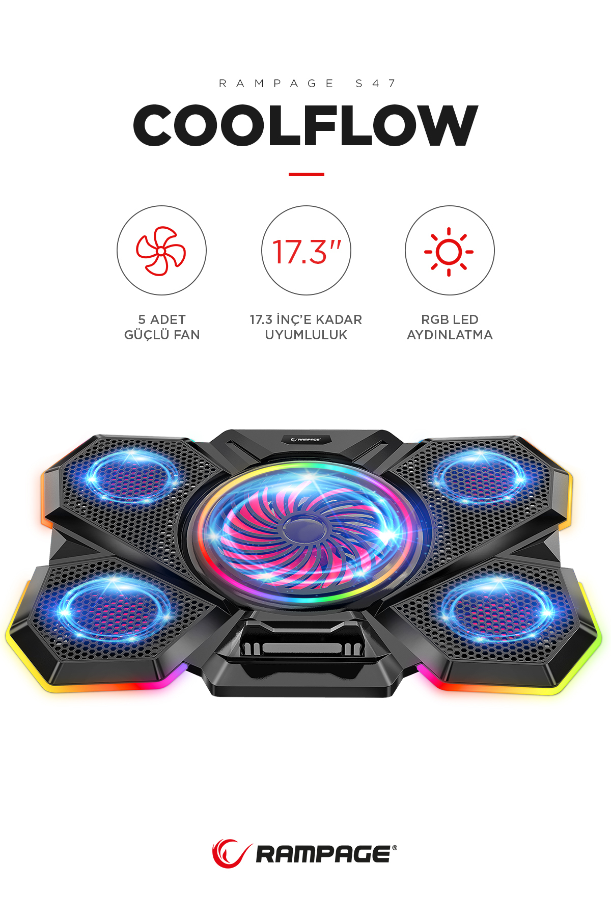 Rampage S47 Coolflow 5 Adet Kırmızı Led Fan 1 Usb 7 Farklı Kademe Ayarı 10'' 17.3'' Notebook ...
