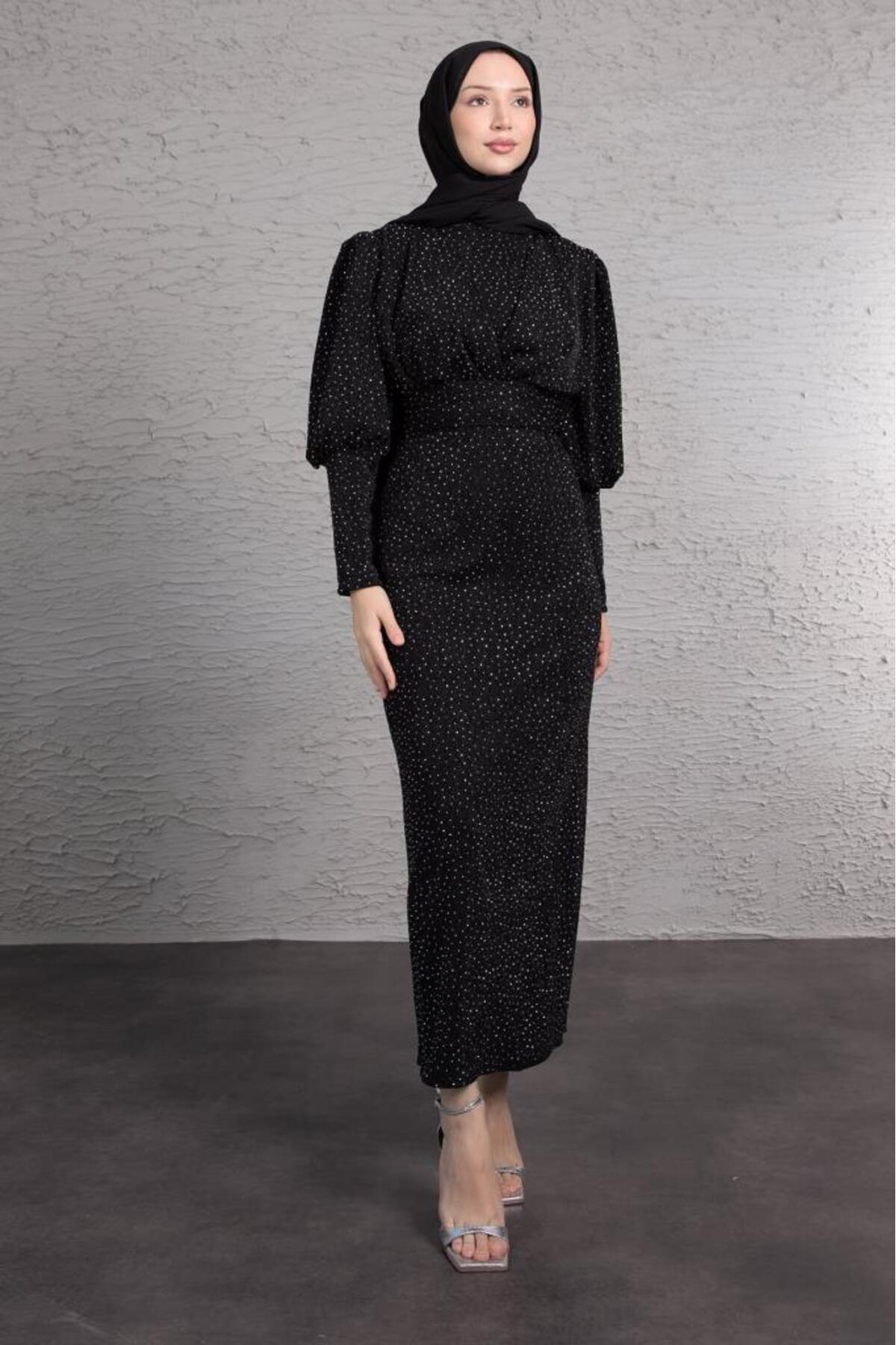 Lamia Giyim Mini Pırıltılı Likralı Tesettür Elbise Siyah Fiyatı ...