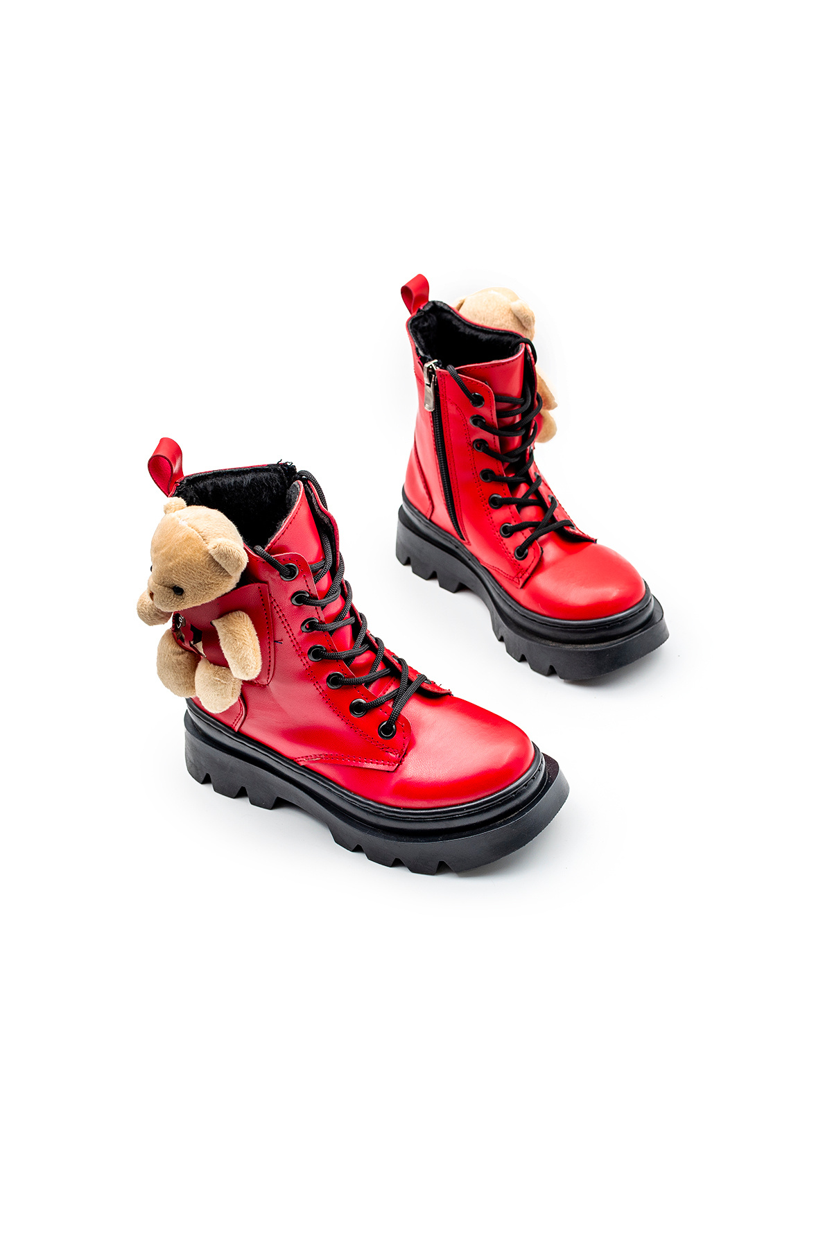 fiko Red Winter Furry Lined Boots - Water Resistant, Lace-Up and Teddy ...