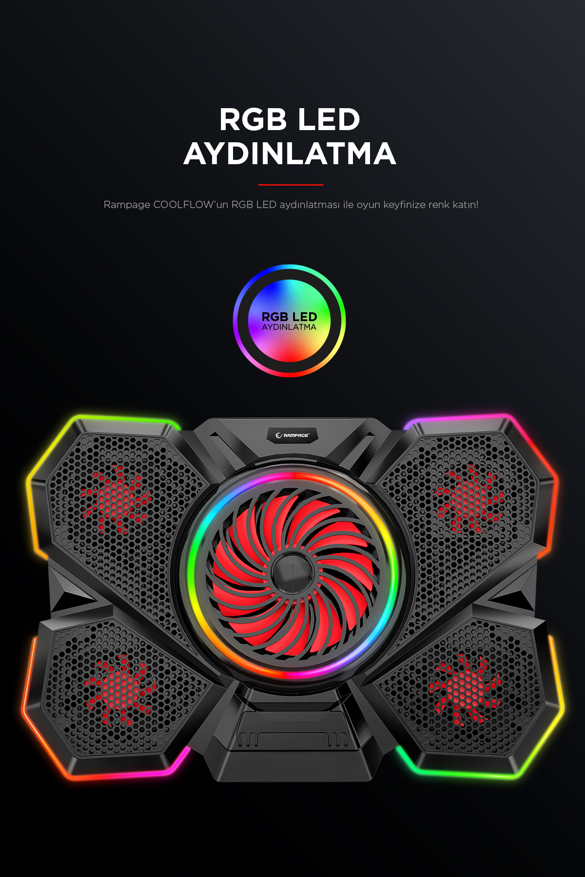 Rampage S47 Coolflow 5 Adet Kırmızı Led Fan 1 Usb 7 Farklı Kademe Ayarı 10'' 17.3'' Notebook ...