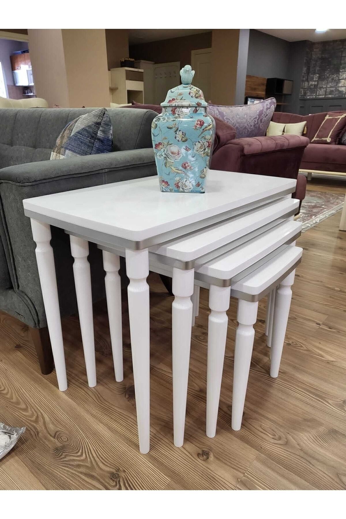 AKSET 4lü Lüx Zigon Sehpa Beyaz Gümüş - Fiyatı, Yorumları