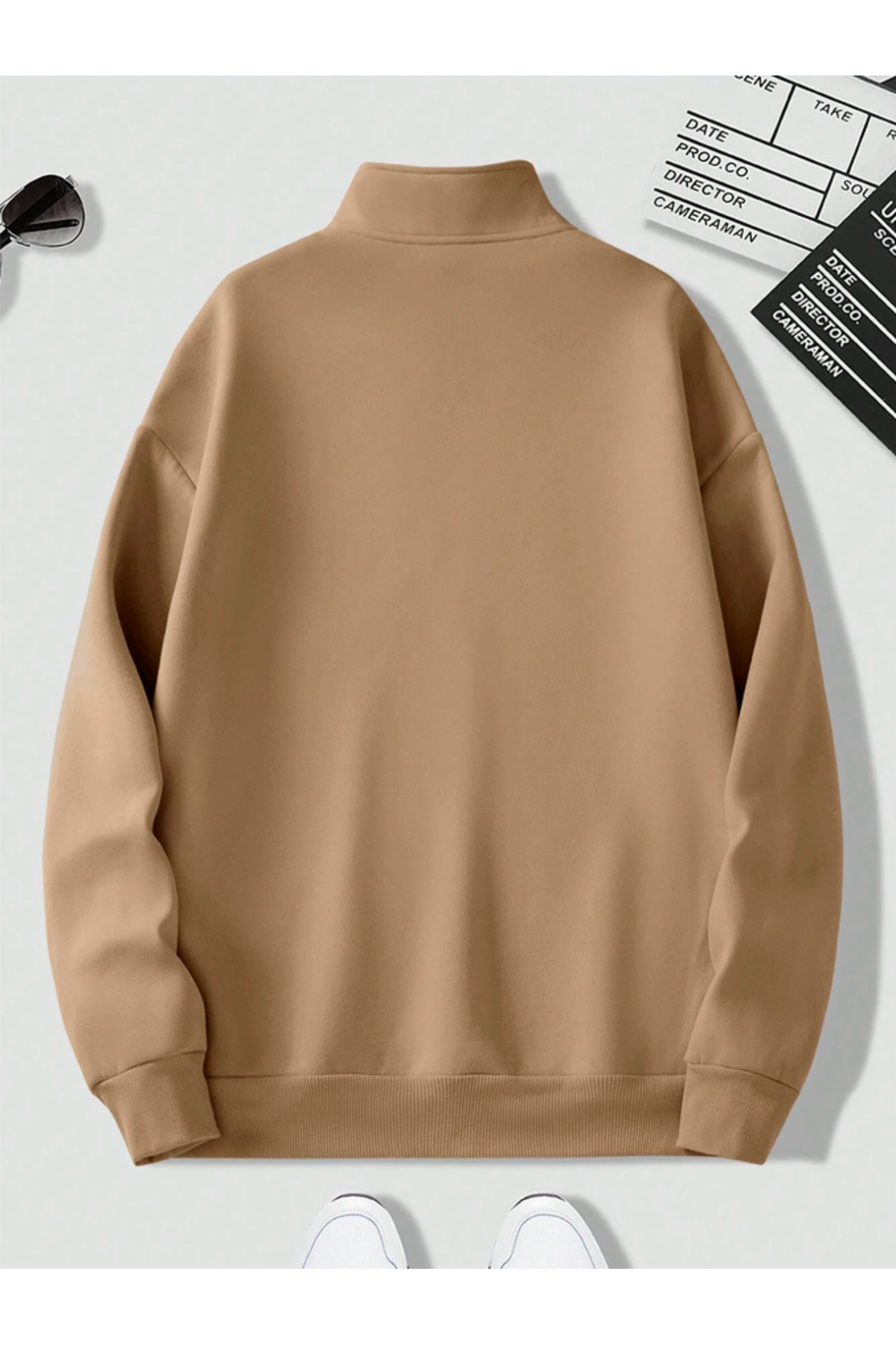 Revasser Unisex Erkek/Kadın Düz Renkli Dik Yaka Yarım Fermuarlı Pamuklu Oversize Sweatshirt ...