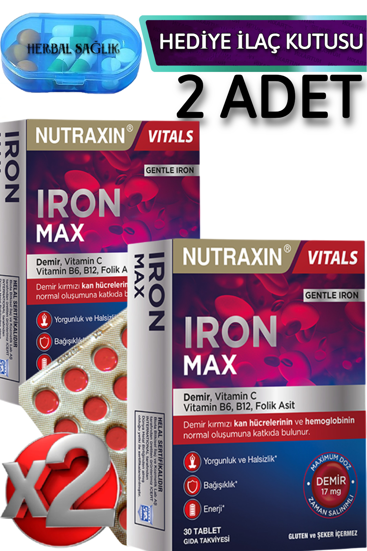 Nutraxin 2 Adet Iron Max - (Demir, Vitamin C, B6, Folik Asit, B12) 30 ...