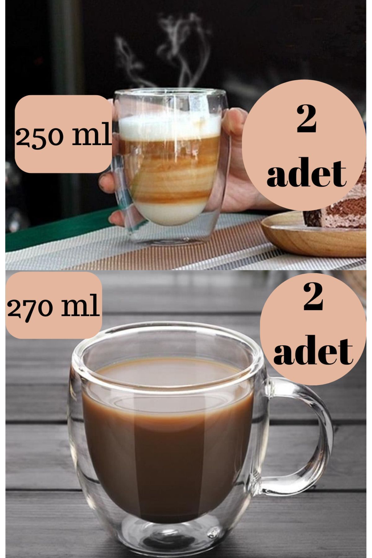 BRE HOME 4 adet çift cidarlı 2 adet kulpsuz 270 ml 2 adet 250 kupa ...