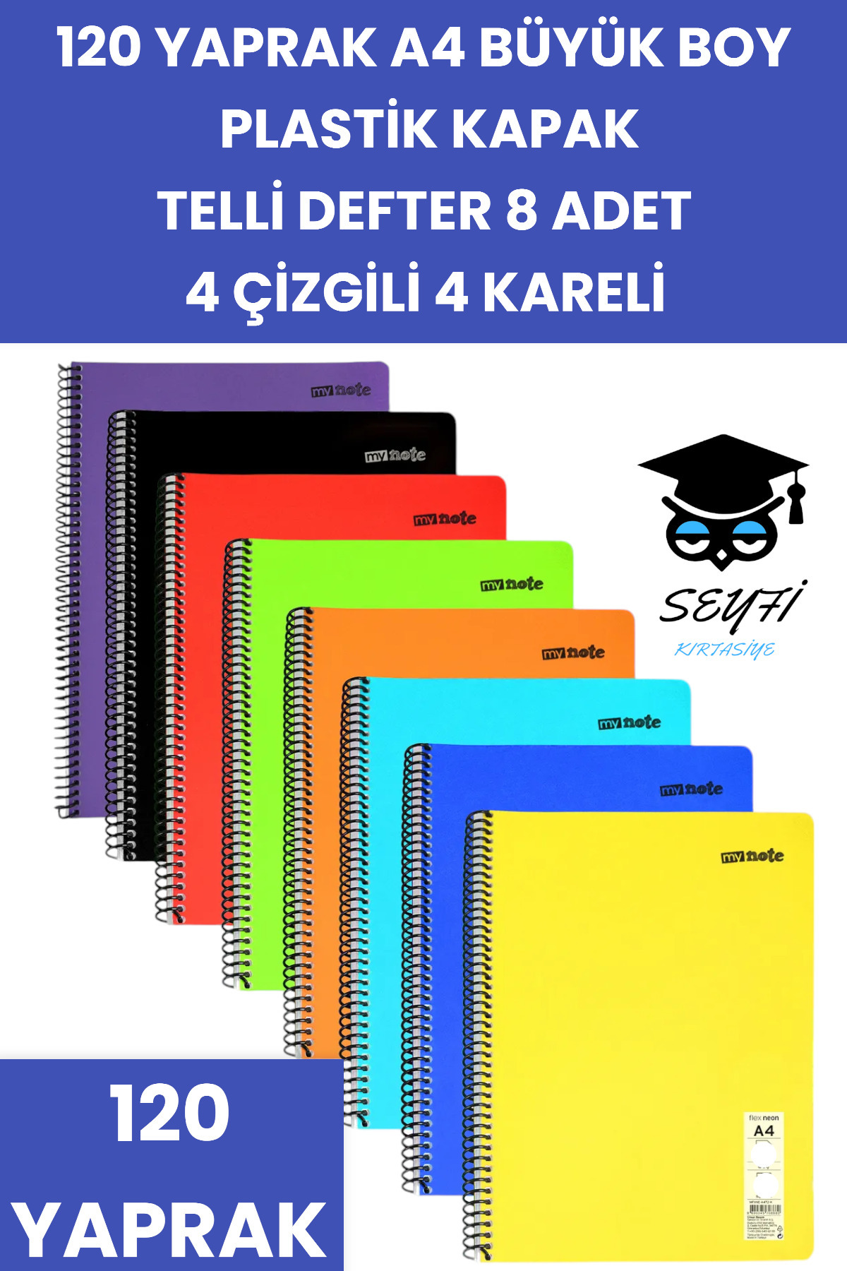 SEYFİKİRTASİYE 120 YAPRAK A4 TELLİ DEFTER 8 ADET 4 ÇİZGİLİ 4 KARELİ ...
