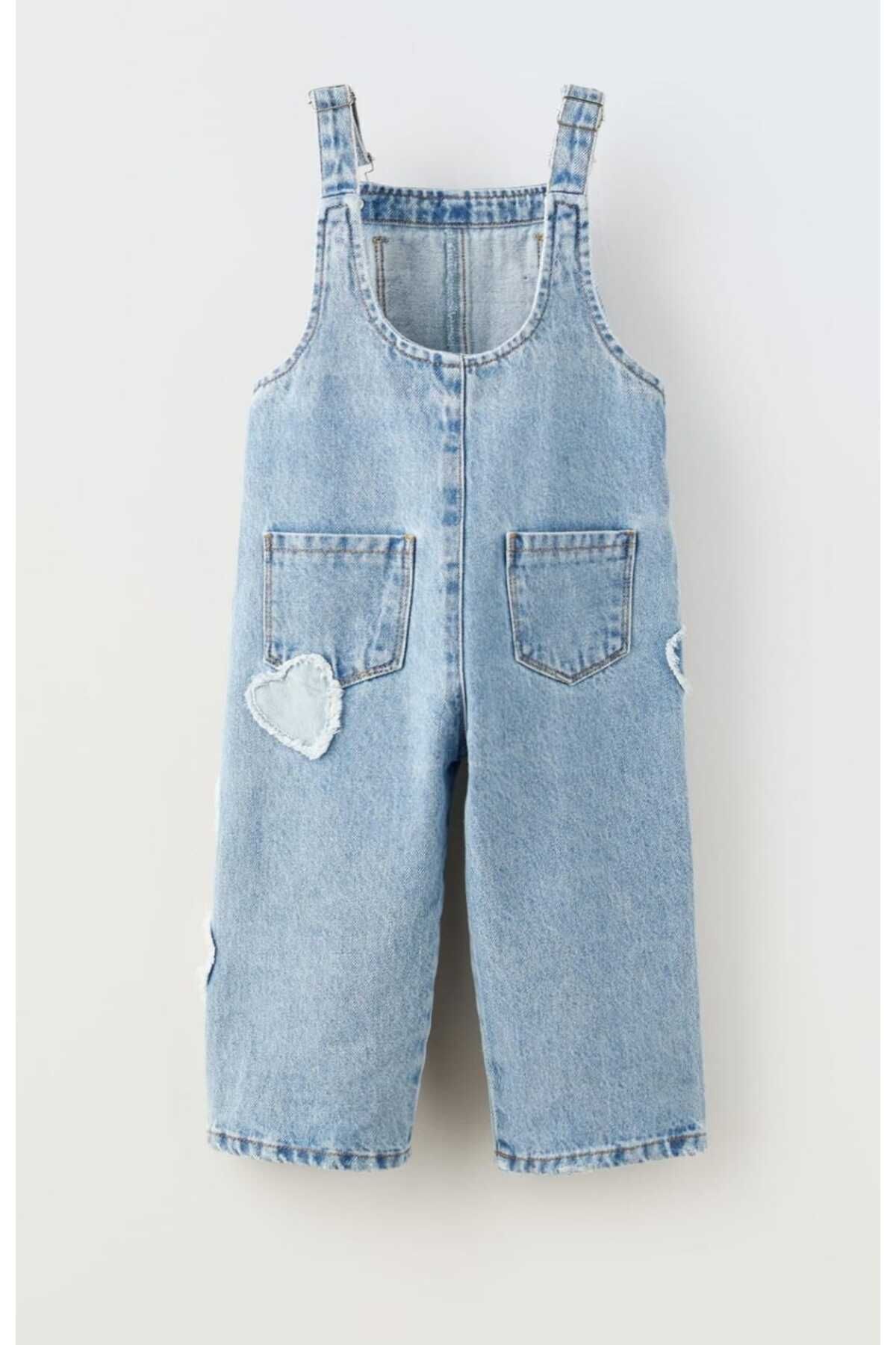 OliveYouMom Kalp Detaylı Cepli Denim Kız Salopet Kot Tulum Yeni Sezon ...