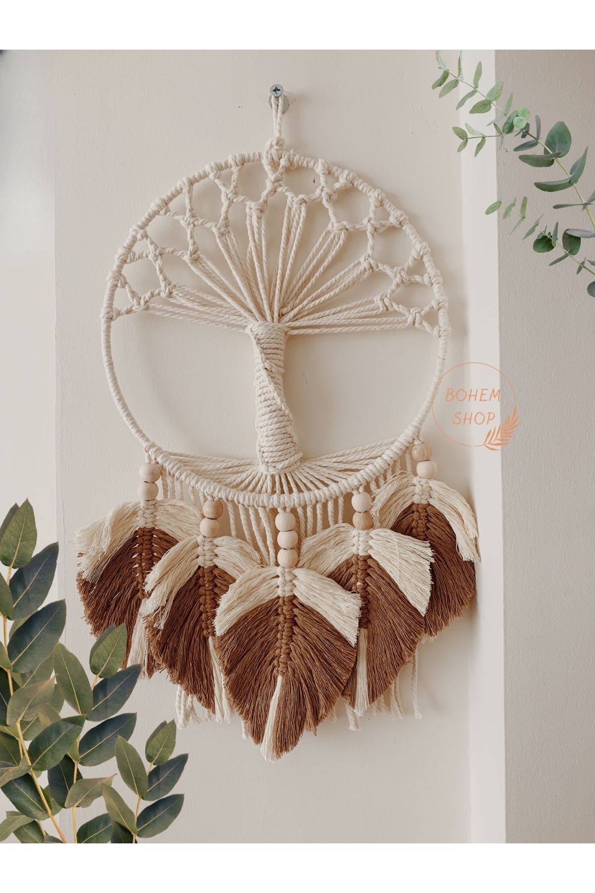 Bohem Shop Bohem El Yapımı Makrome Yapraklı Hayat Ağacı Düş Kapanı Duvar Dekoru -bohemshop.com ...