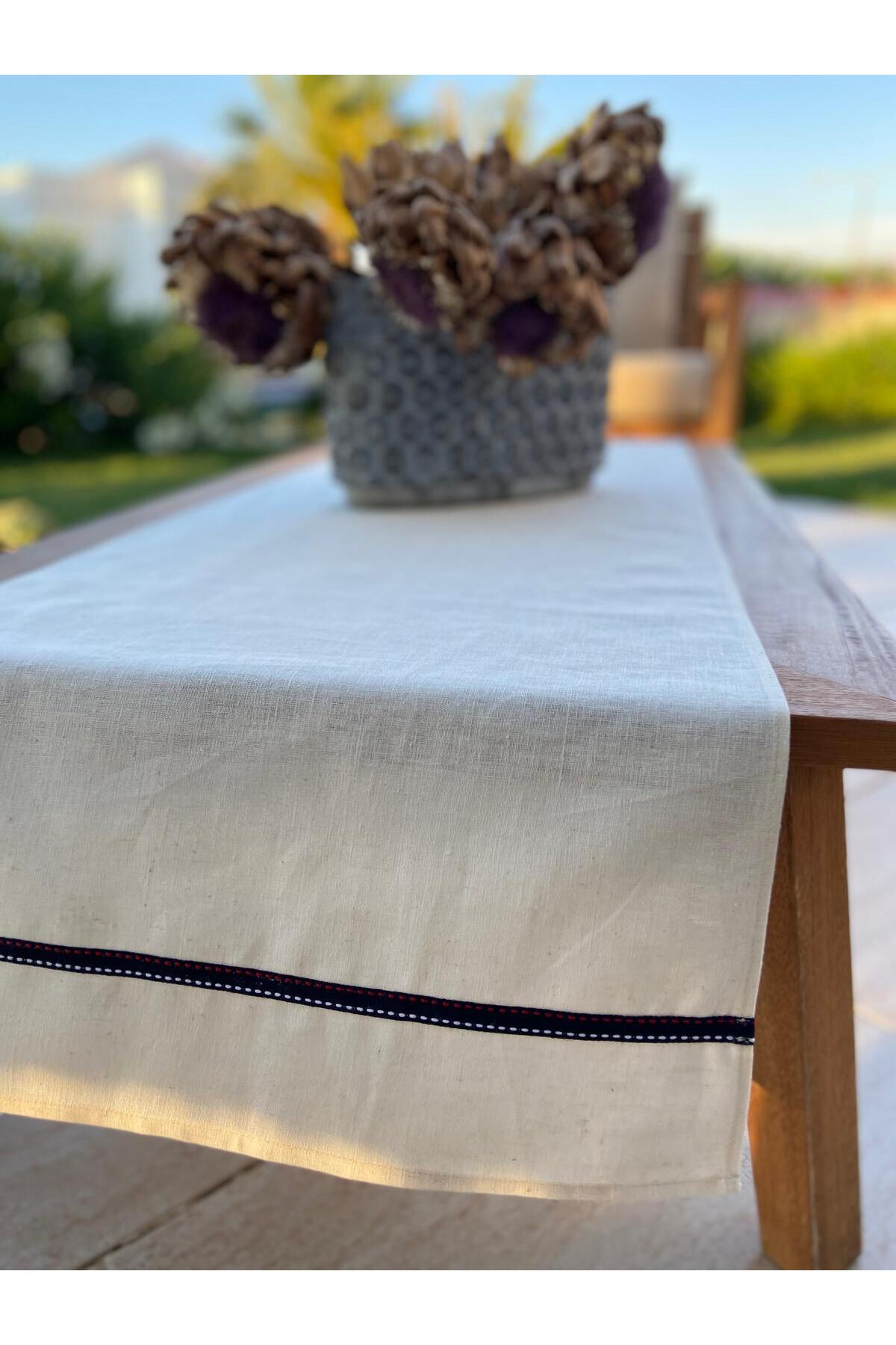 Melino Home Krem, Şık, Dekoratif, Modern, Ham Keten, Lacivert Şeritli ...