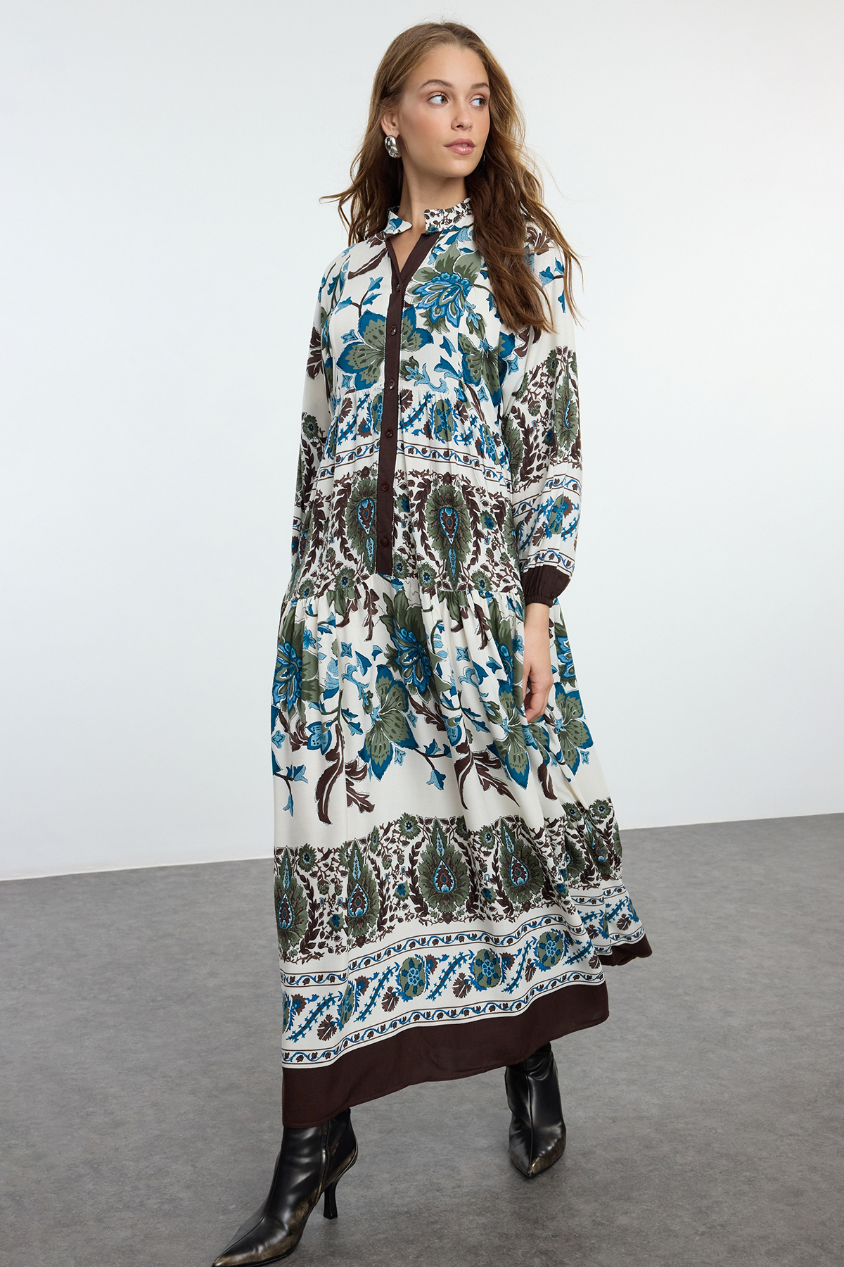 TRENDYOL MODEST Brown Floral Viscose Woven Dress Tctss24Eb00221- Trendyol