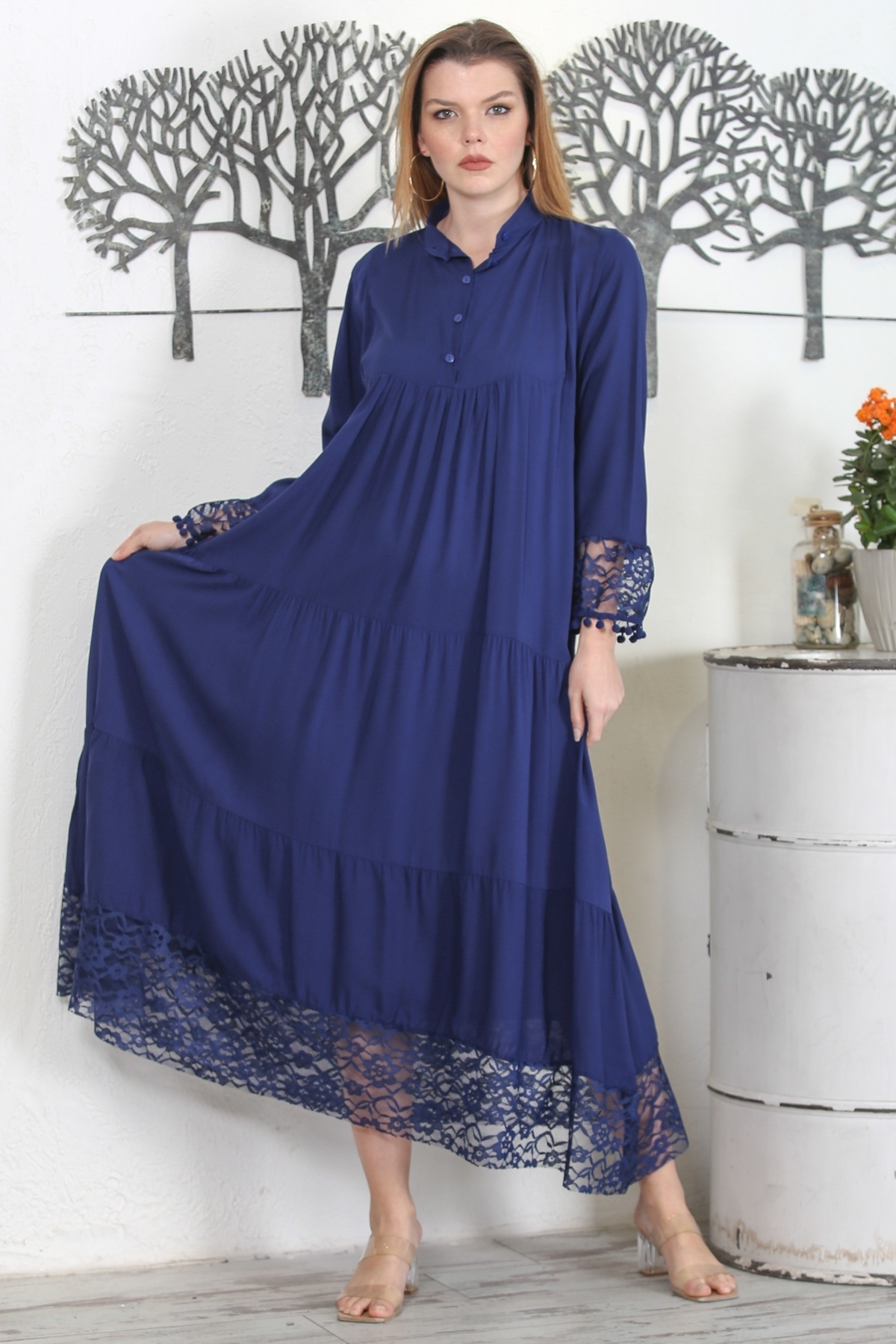 Chiccy Lacivert Hakim Yaka Uzun Kol Düğmeli Eteği Fırfırlı Kol Ve Etek ...