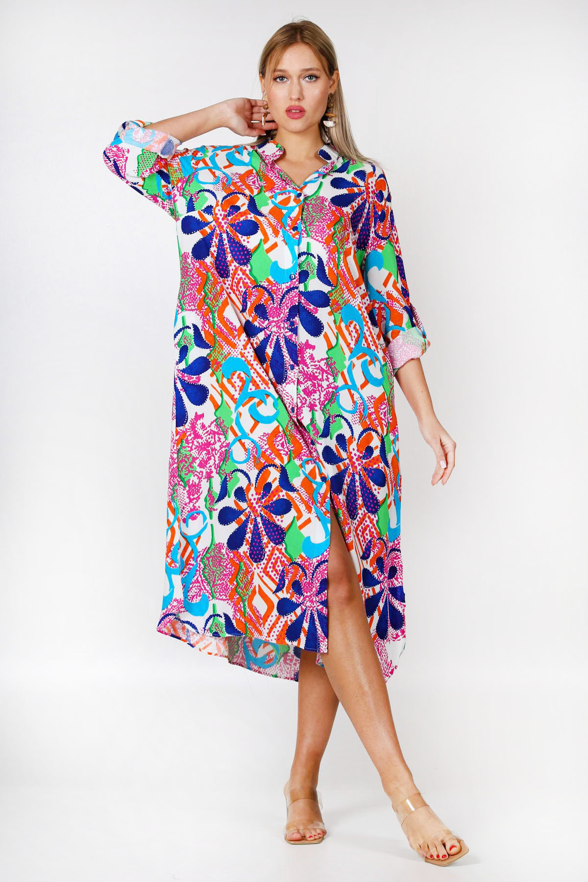 Chiccy Pembe Patlı Yaka Uzun Kol Desenli Düğmeli Allover Baskılı Geniş ...