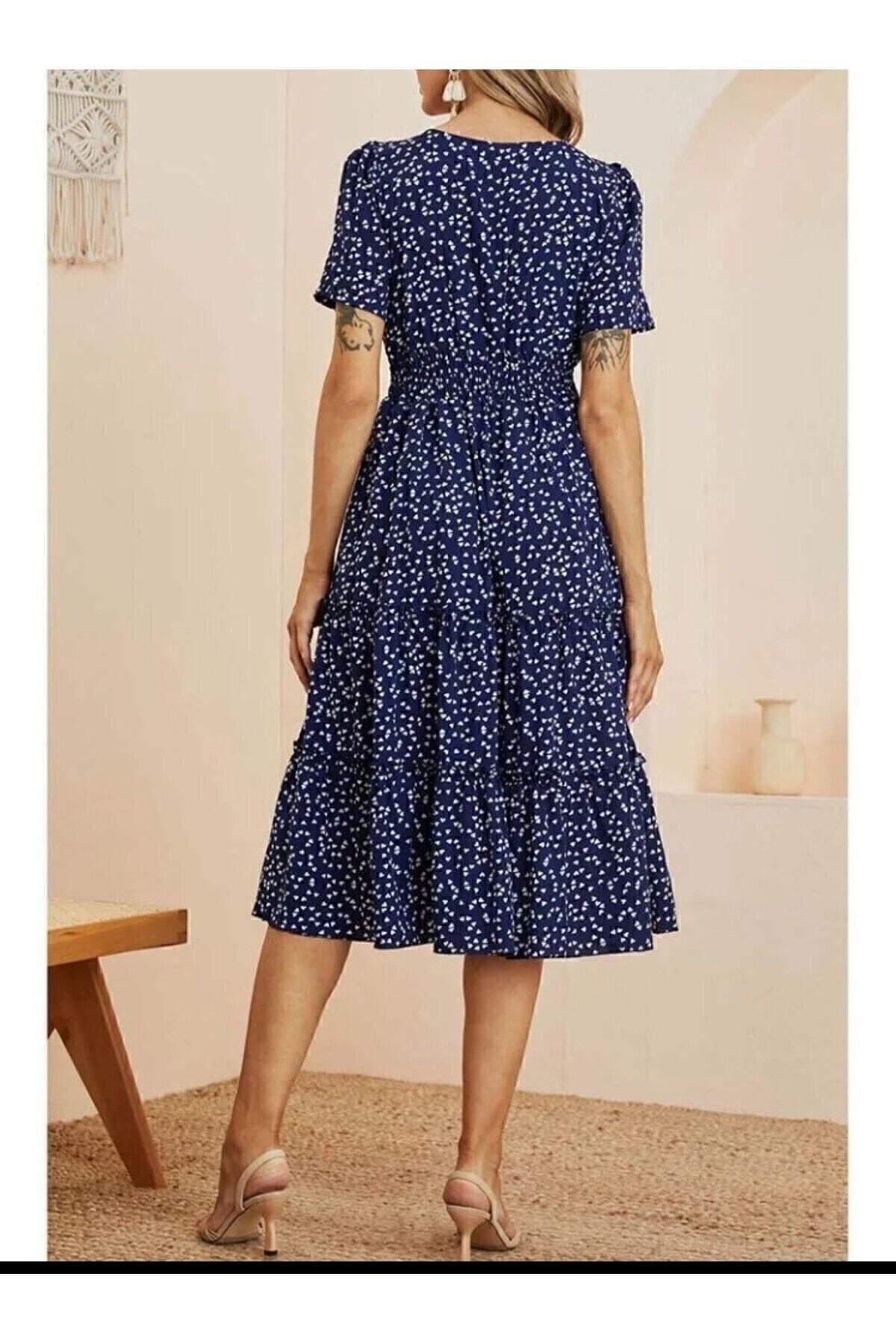 GENÇ MODA Women's Square Collar Navy Blue Heart Patterned Summer ...