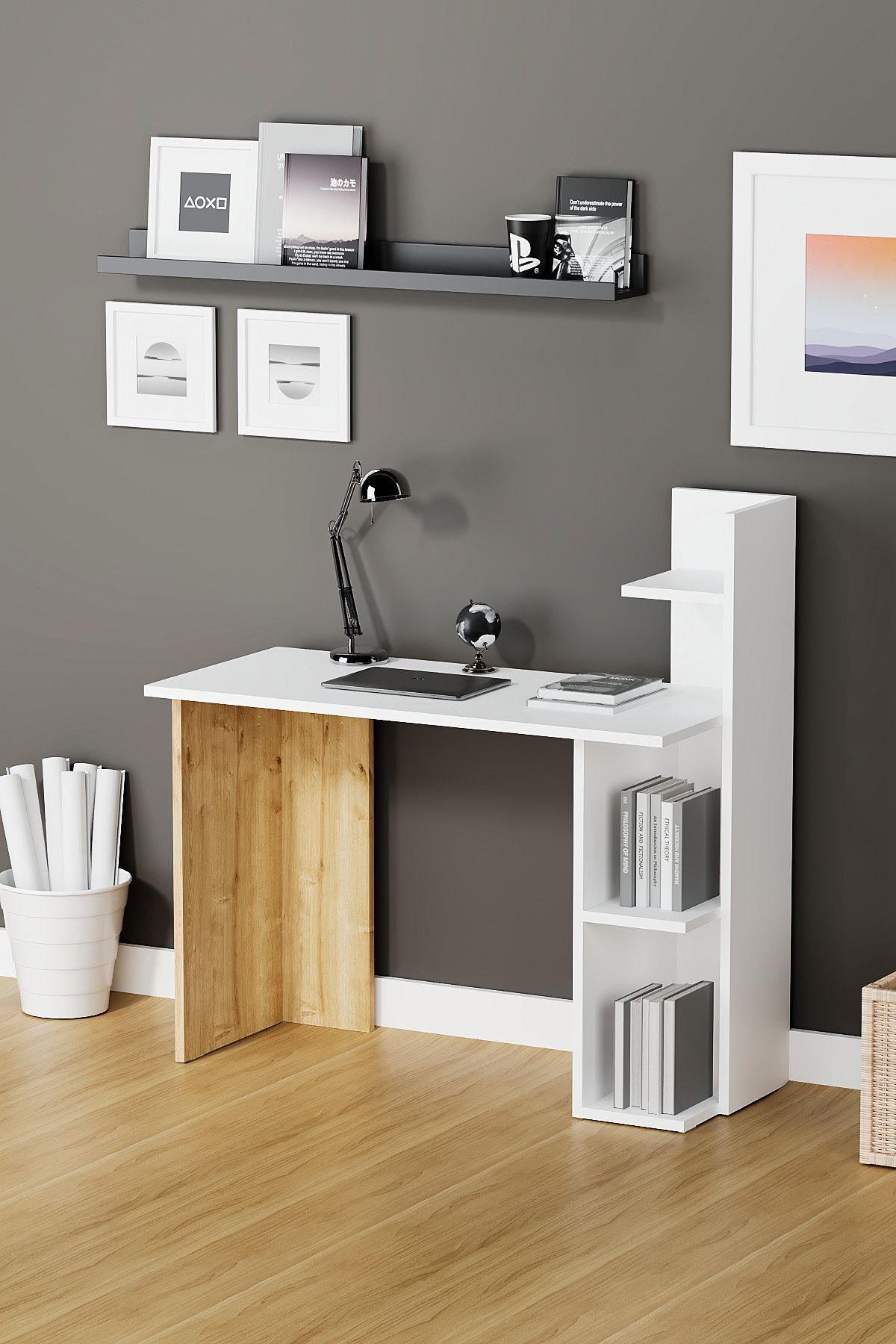 Fly Mobilya Sky Kitaplıklı Çalışma Masası, Safir Meşe Raflı Beyaz ...