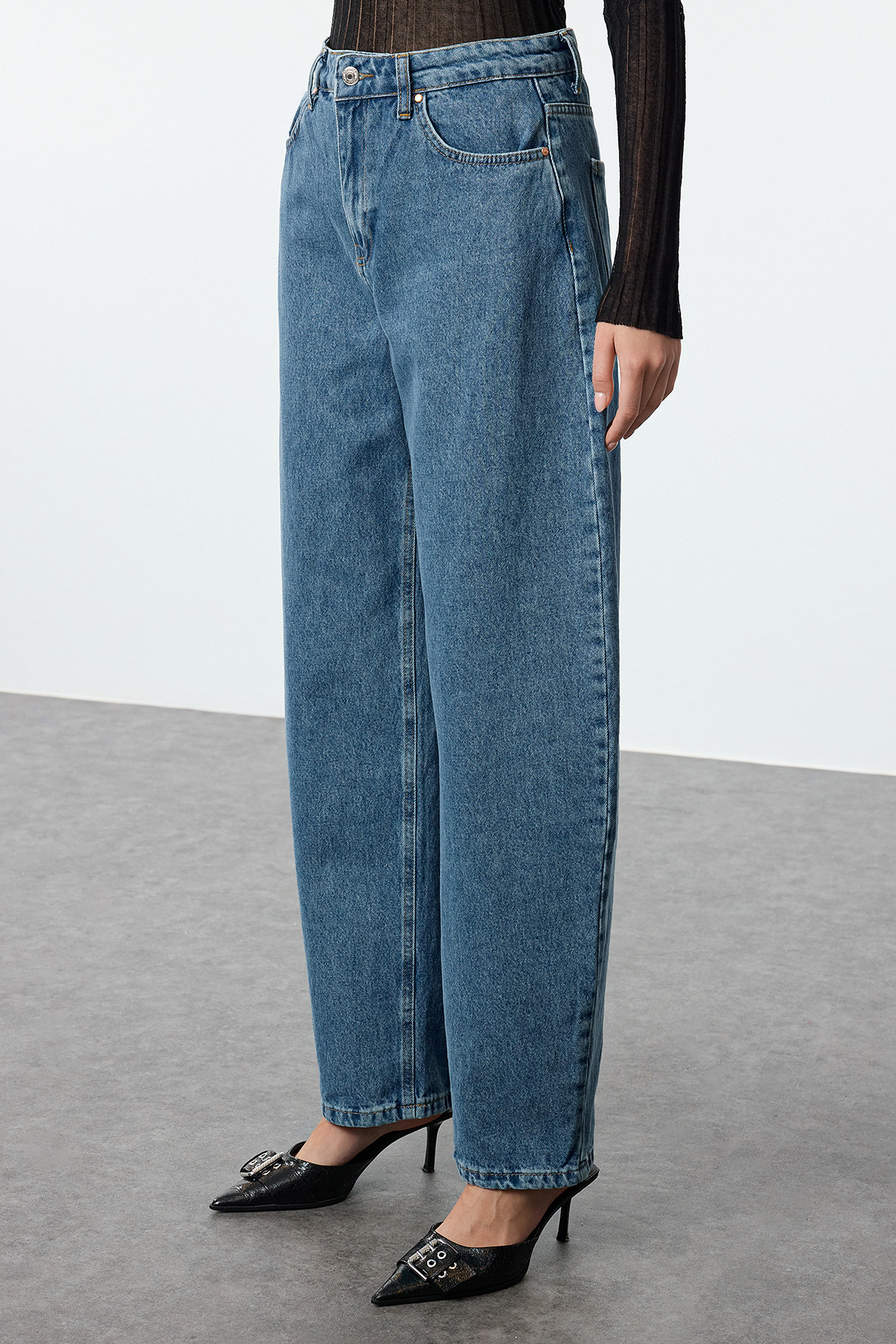 Trendyol Collection Blugi largi Skater albaștri cu talie înaltă ...