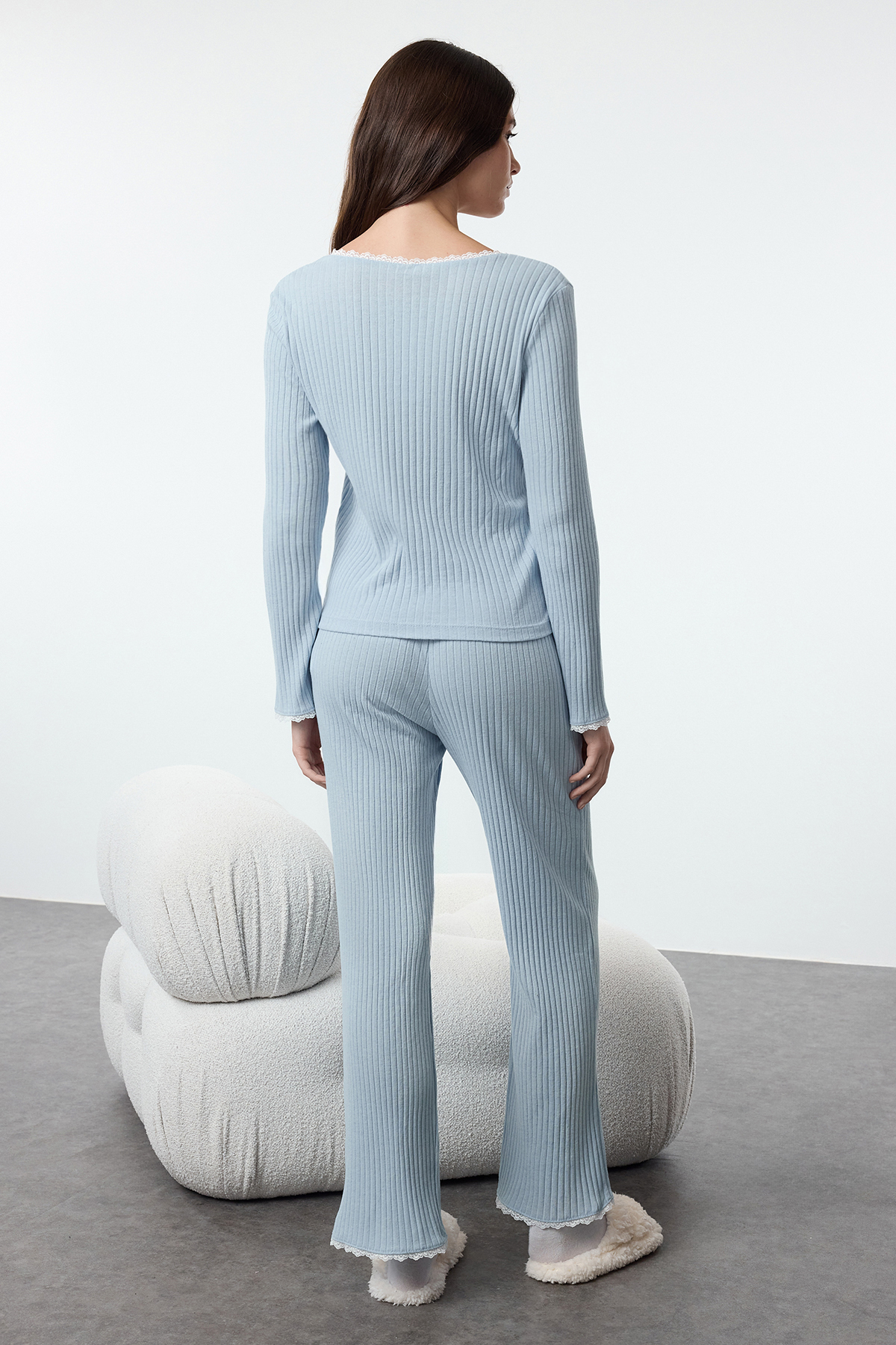 Trendyol Collection Baby Blue Lace and Ribbon/Bow Detail Ribbed Knitted ...