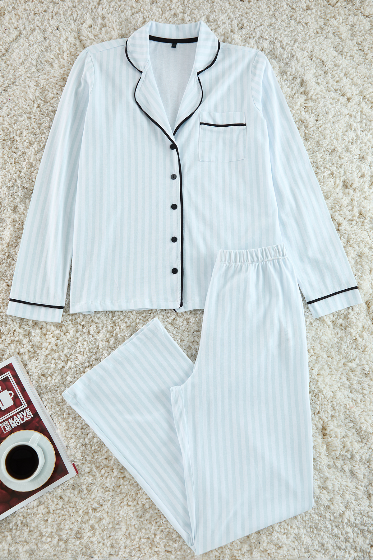 Trendyol Collection Light Blue Striped 100% Cotton Knitted Pajamas Set ...