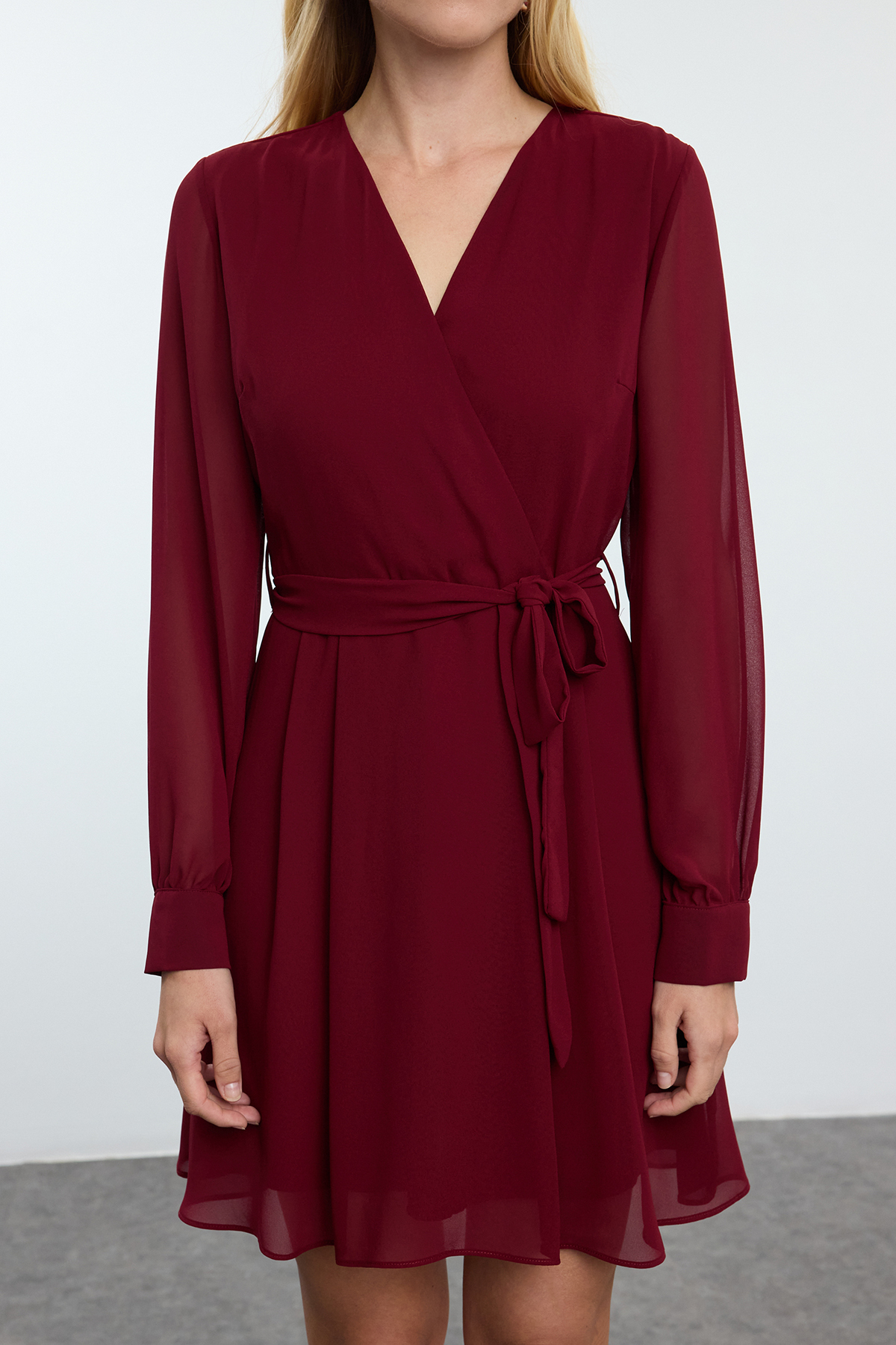 Trendyol Collection Straight Mini Burgundy Belted Woven Dress ...