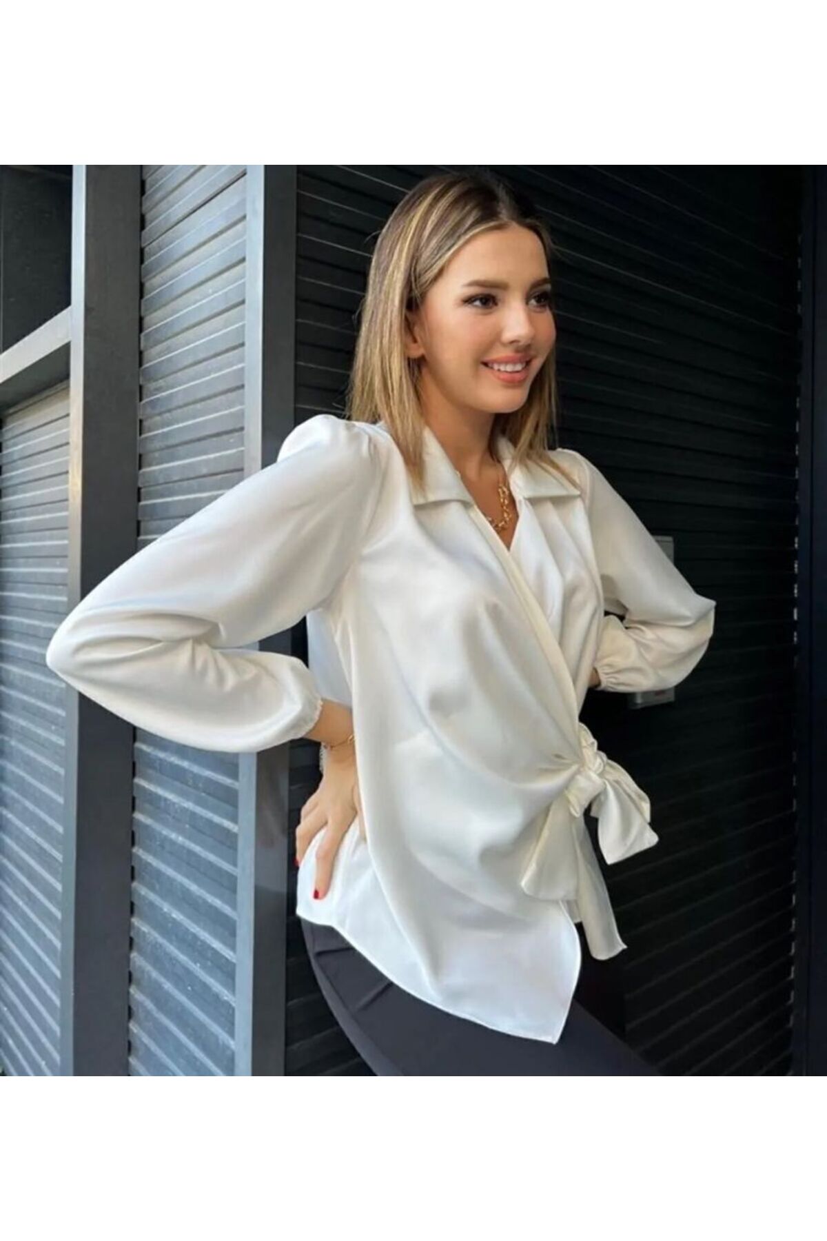 binoi butik kruvaze yaka bağlamalı saten bluz Fiyatı, Yorumları - Trendyol