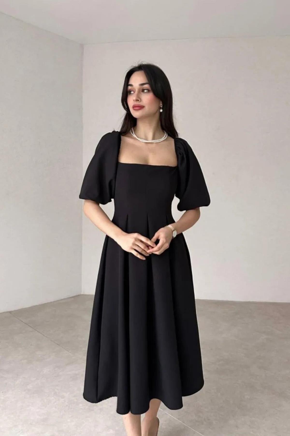 Deafox Siyah Krep Kumaş Balon Kol Pileli Kare Yaka Midi Boy Elbise Fiyatı, Yorumları - Trendyol