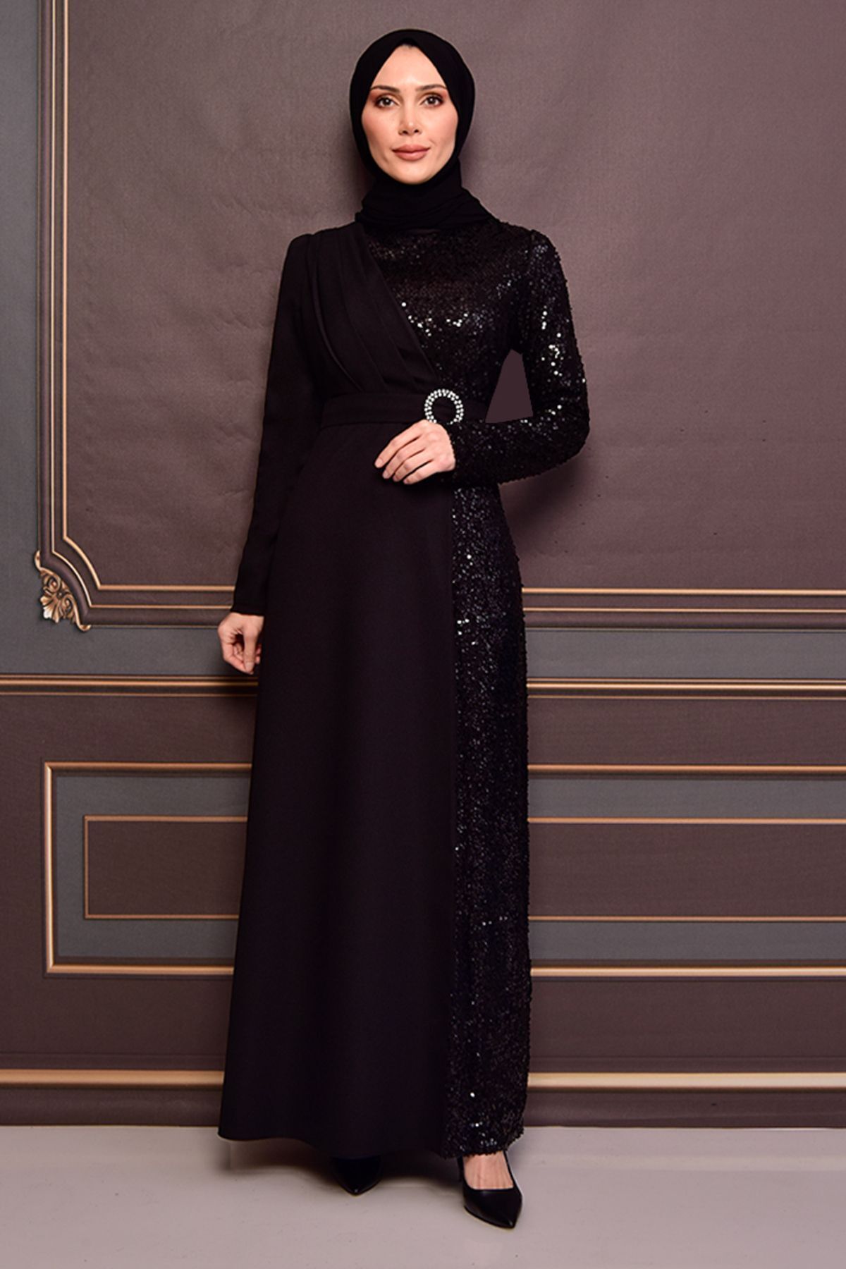 Ayşe Melek Kadın Giyim Abiye Moda Pullu Kemerli Taşlı Krep Uzun ...