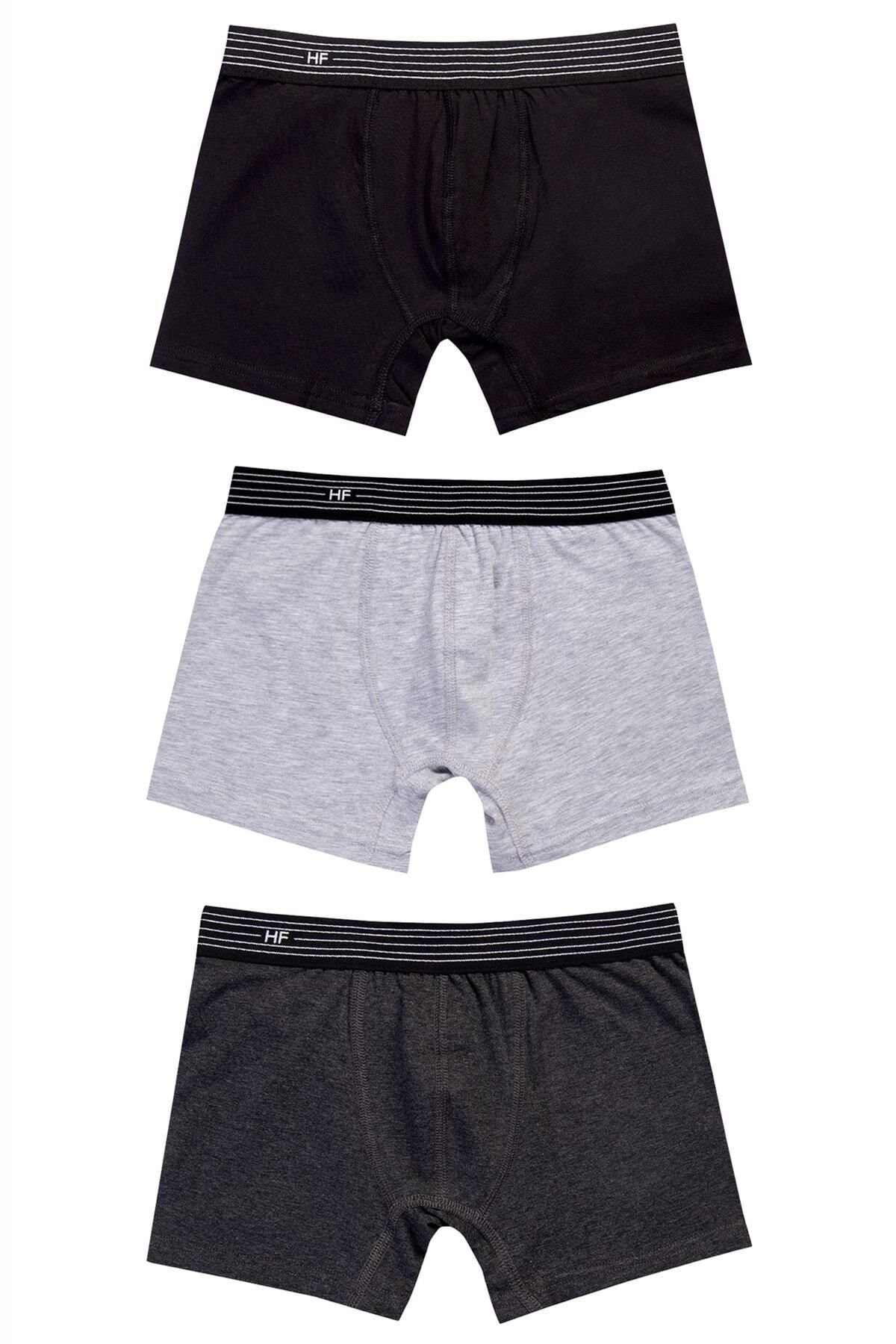 Happyfox Erkek Çocuk Boxer Likralı Pamuk 3'lü Set Paket Siyah, Açık Gri ...
