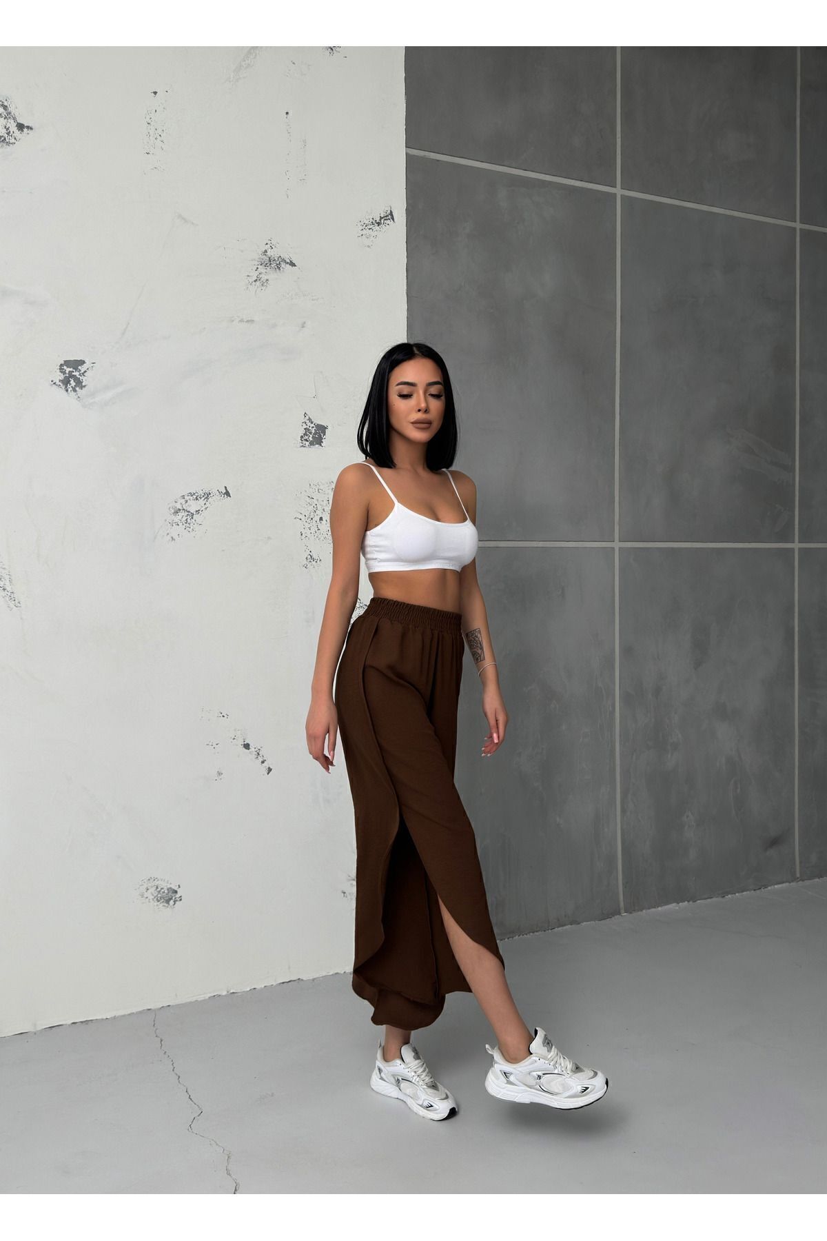 SHAWY Kadın Kahverengi Palazzo Yırtmaçlı Bol Kesim Beli Lastikli Salaş ...