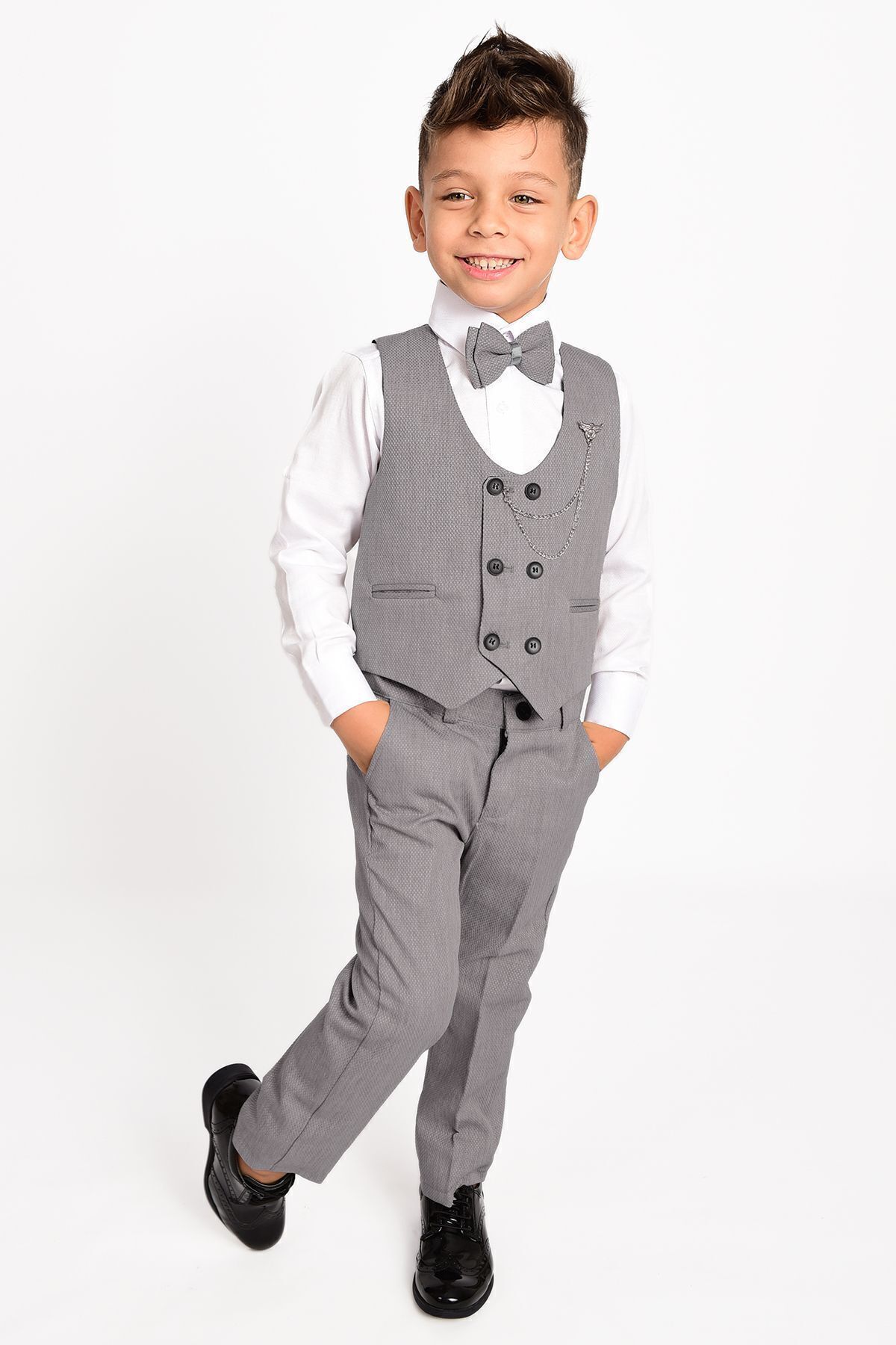 Merdia Kids Erkek Çocuk Smokin Takım Elbise 6 Düğmeli Yelekli Papyonlu ...