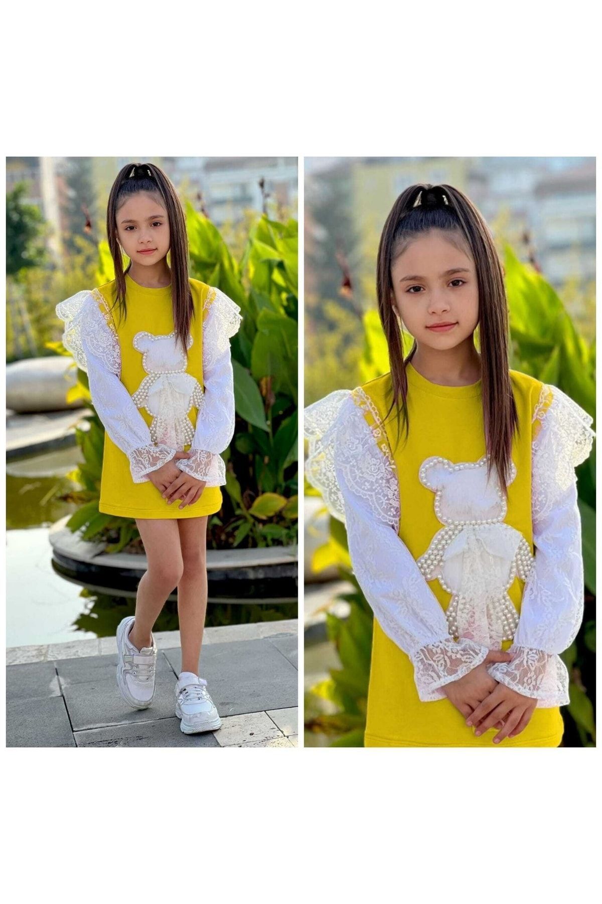 ÇOCUKÇA MODA Dantel Kollu Inci Işleme Peluş Ayılı Elbise Fiyatı ...