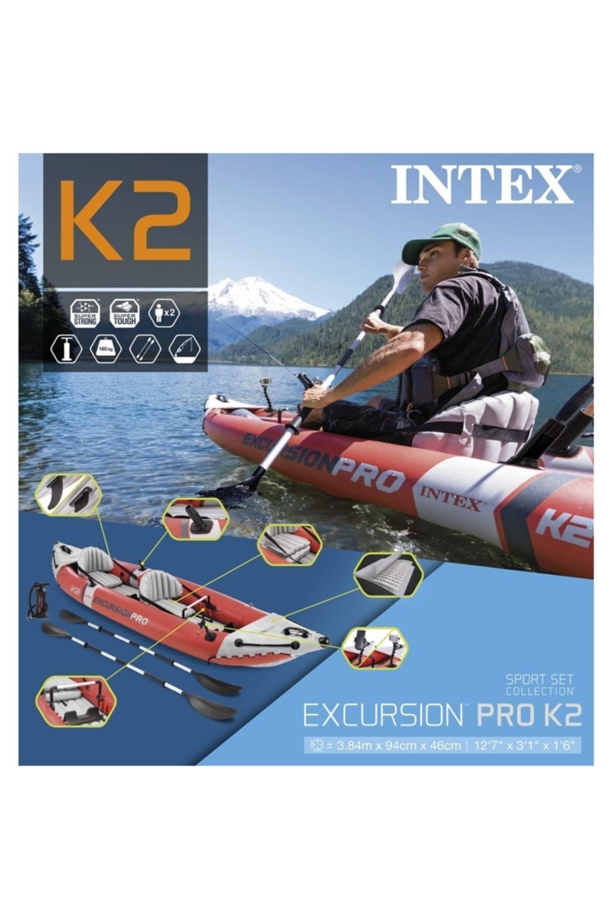 Intex Excursion Pro Kayak K2 Çift Kişilik Şişme Kano Set (180 Kg) ( 384 ...