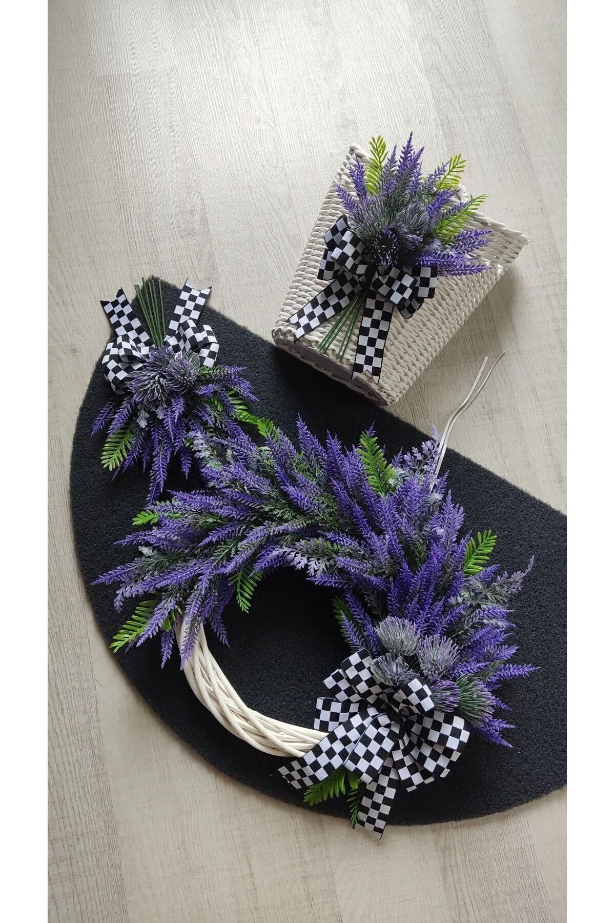 Serçeden Bambu Çelenk Lavanta Çiçekli Kapı Süsü Paspas Sepet 3 Lü Takım ...