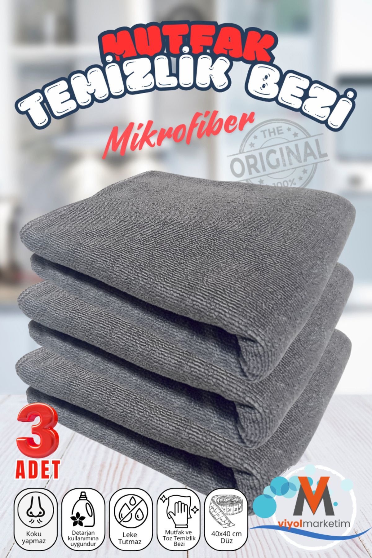 viyolmarketim 3'lü Mikrofiber Mutfak Temizlik Bezi 40x40 Cm – Leke Tutmaz, Emici, Koku Yapmaz ...