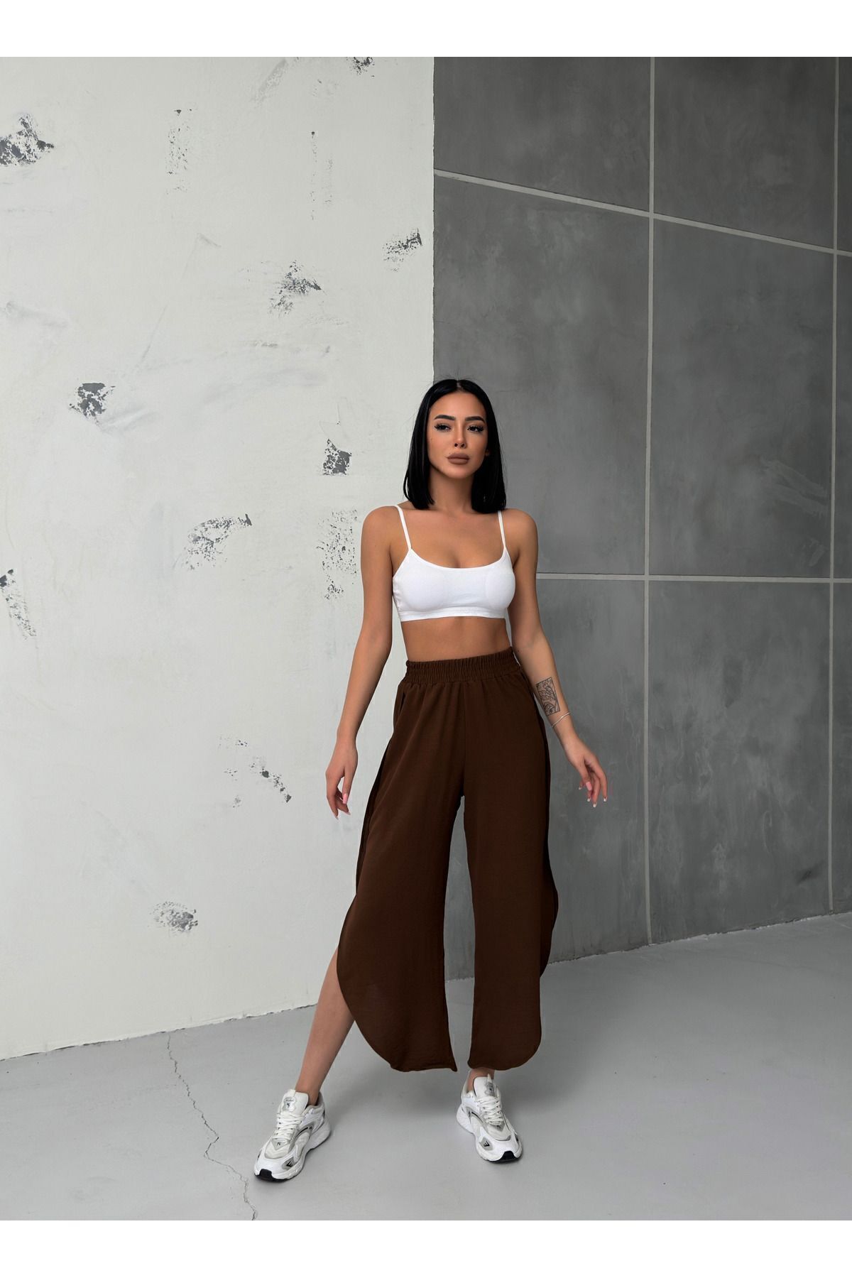 SHAWY Kadın Kahverengi Palazzo Yırtmaçlı Bol Kesim Beli Lastikli Salaş ...