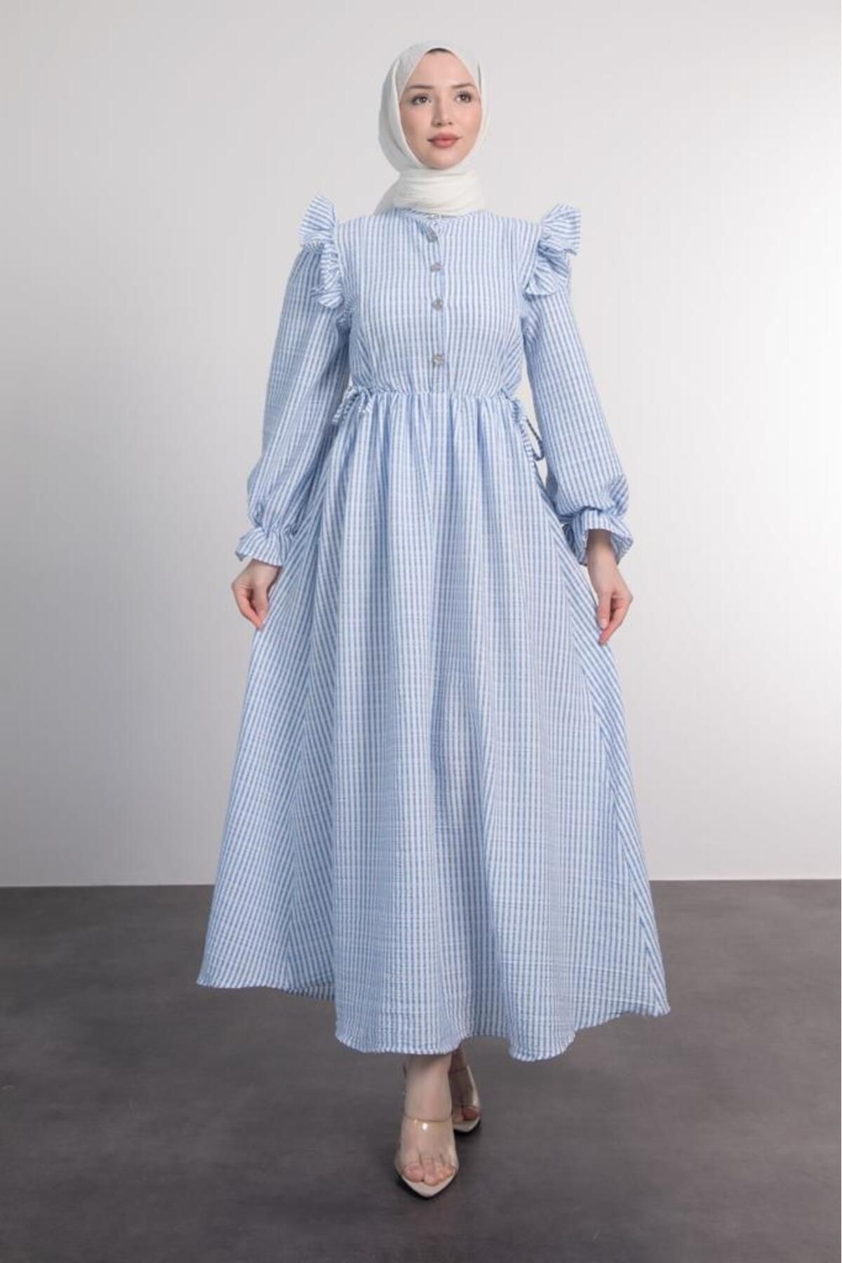 Lamia Giyim Baby Blue Vertical Striped Frilly Hijab Dress- Trendyol
