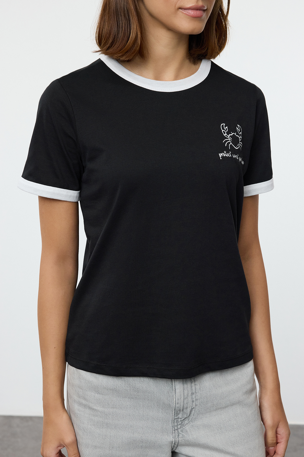 Trendyol Collection 100% Cotton Embroidered Black T-Shirt - Contrast ...