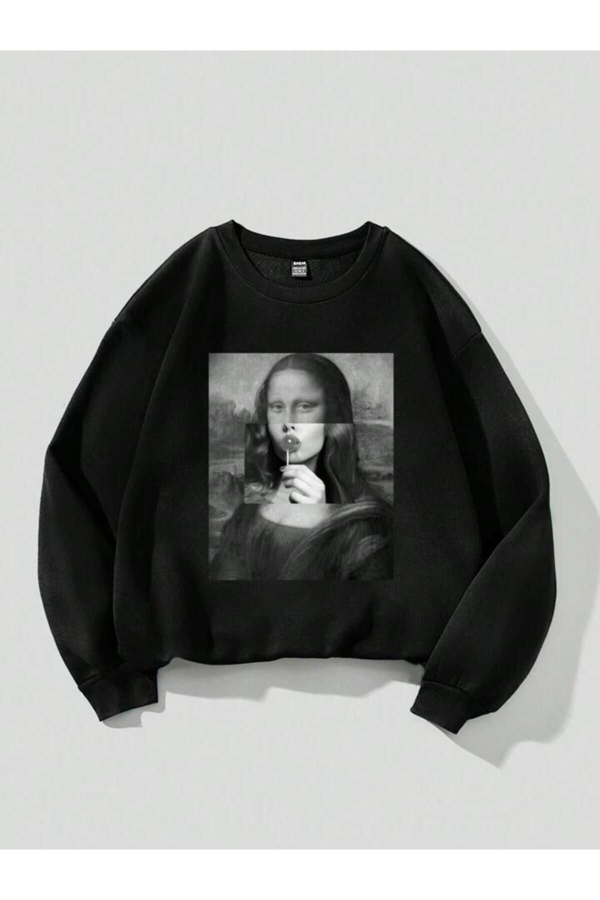AFROGİYİM Unisex Mono Lisa Lolipop Baskılı Oversize Bisiklet Yaka ...
