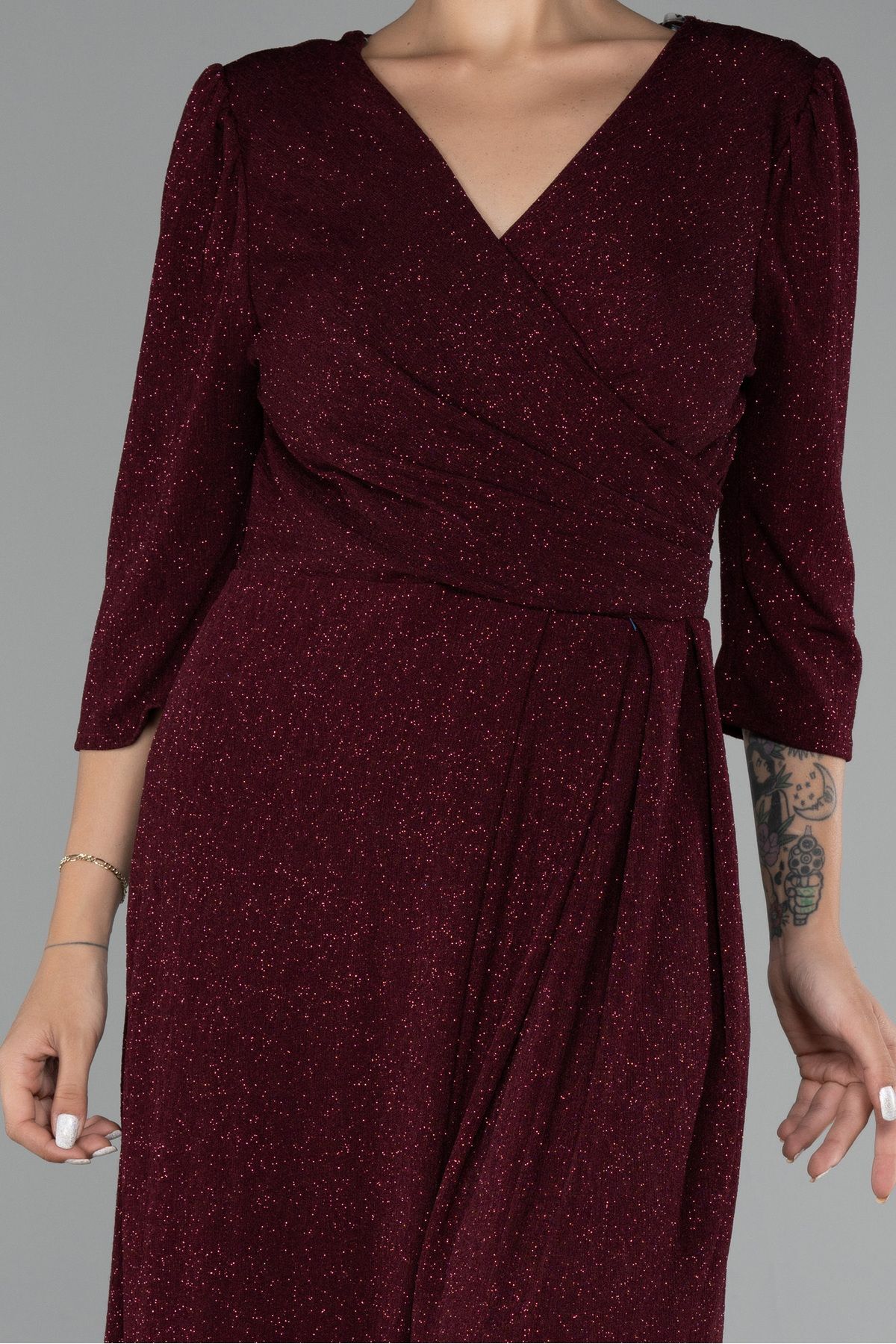 Efelif Maroon Capri Sleeve Long Glitter Plus Size Evening Dress ...
