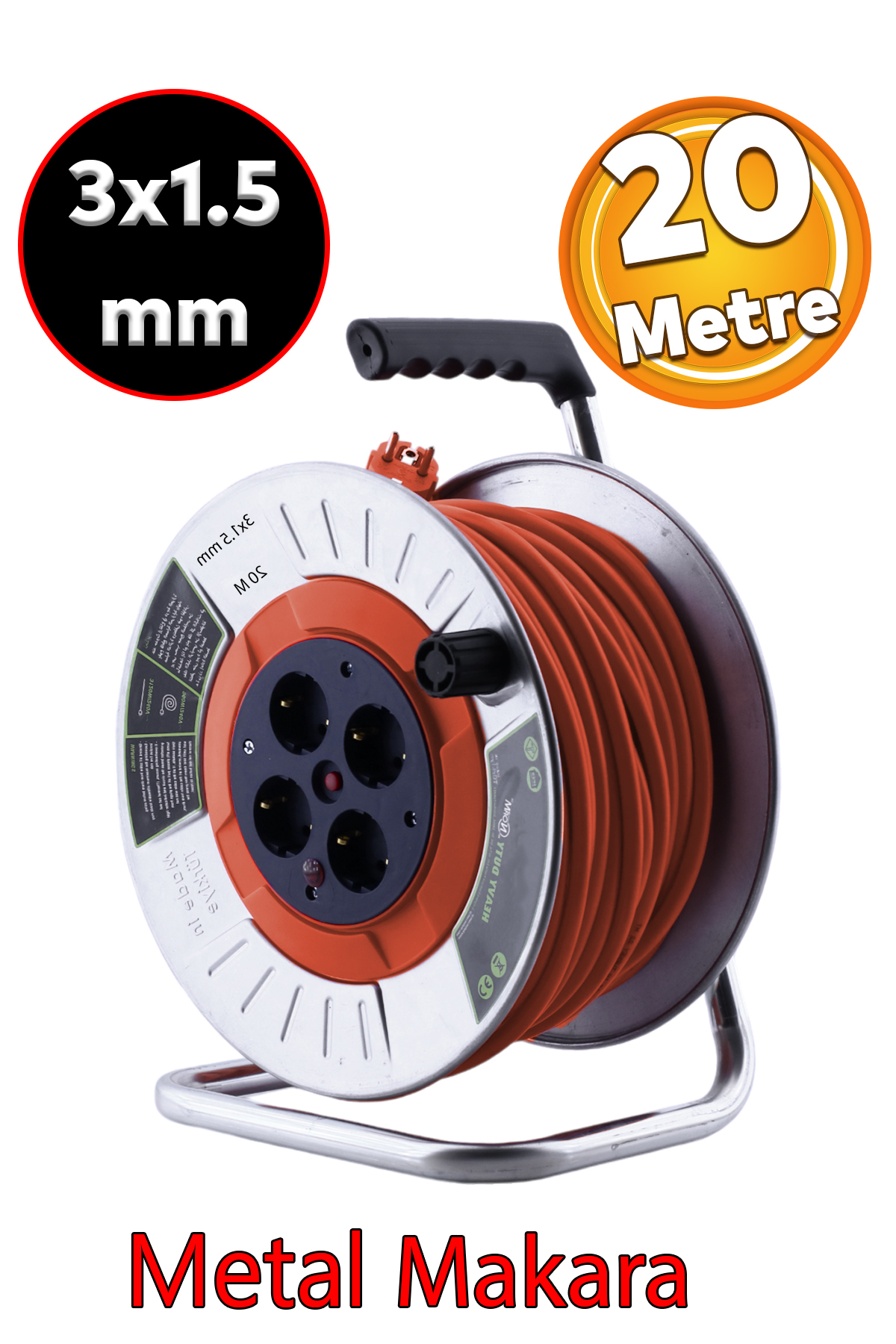 Badem10 Metal 3x1.5 mm TTR Kablo 20 Metre Makaralı Seyyar CCA Kablo 4 Prizli Monofaze Uzatma ...