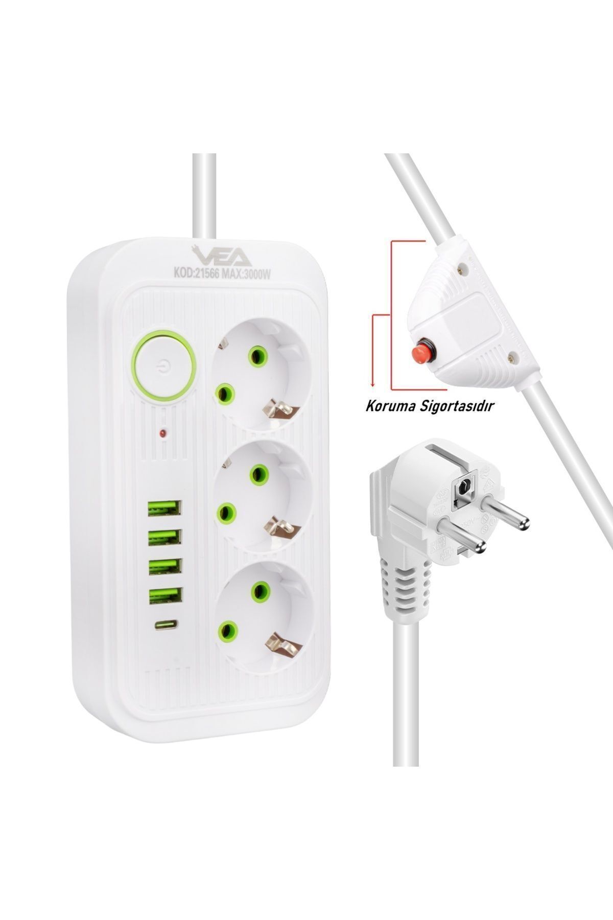 TechMore Akım Korumalı Grup Priz 3’lü 1.5 Metre Kablolu 4 Usb Type-c ...