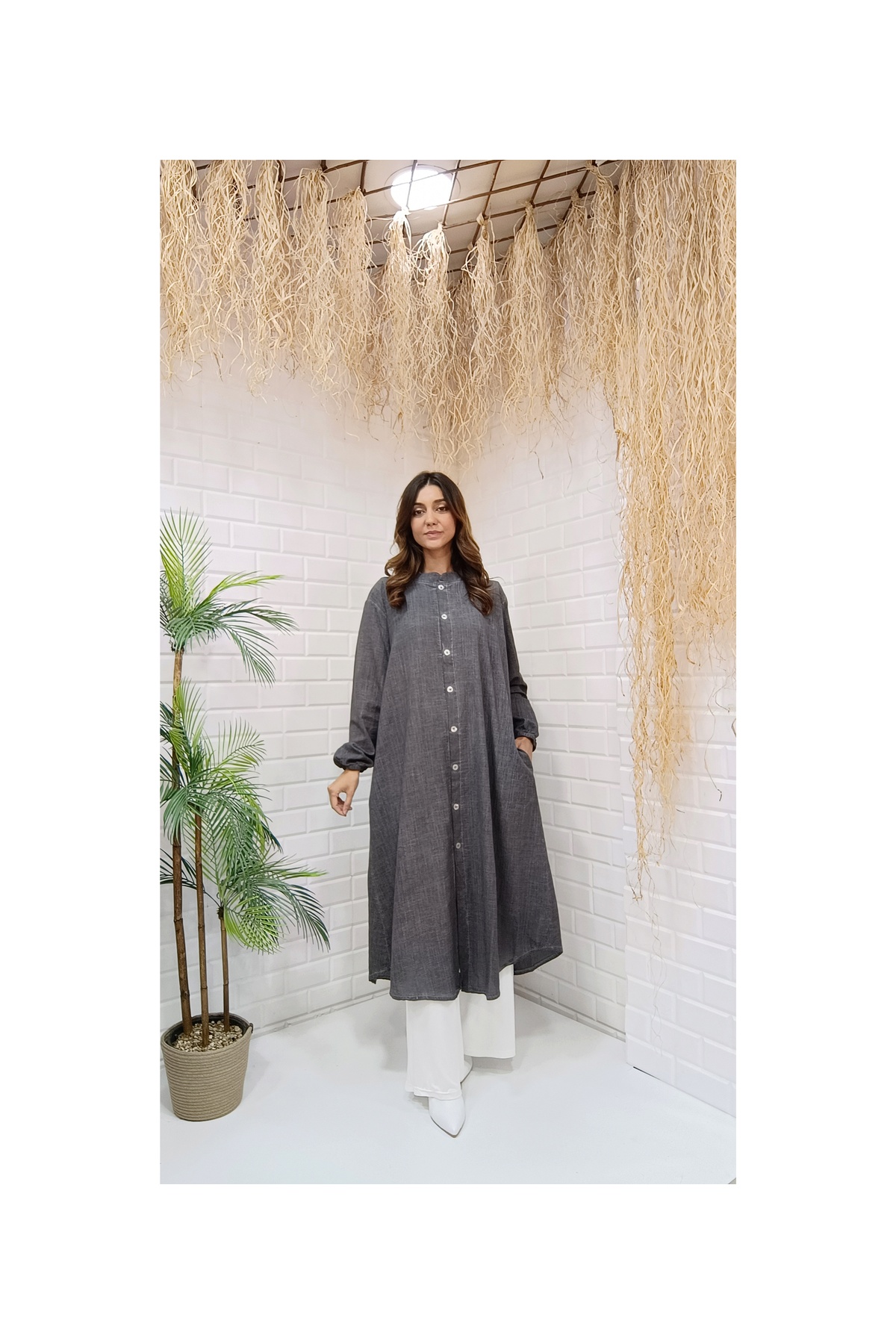 Henna Elisa Kök Boya Yıkama Düğmeli Tunik Antrasit - Fiyatı, Yorumları