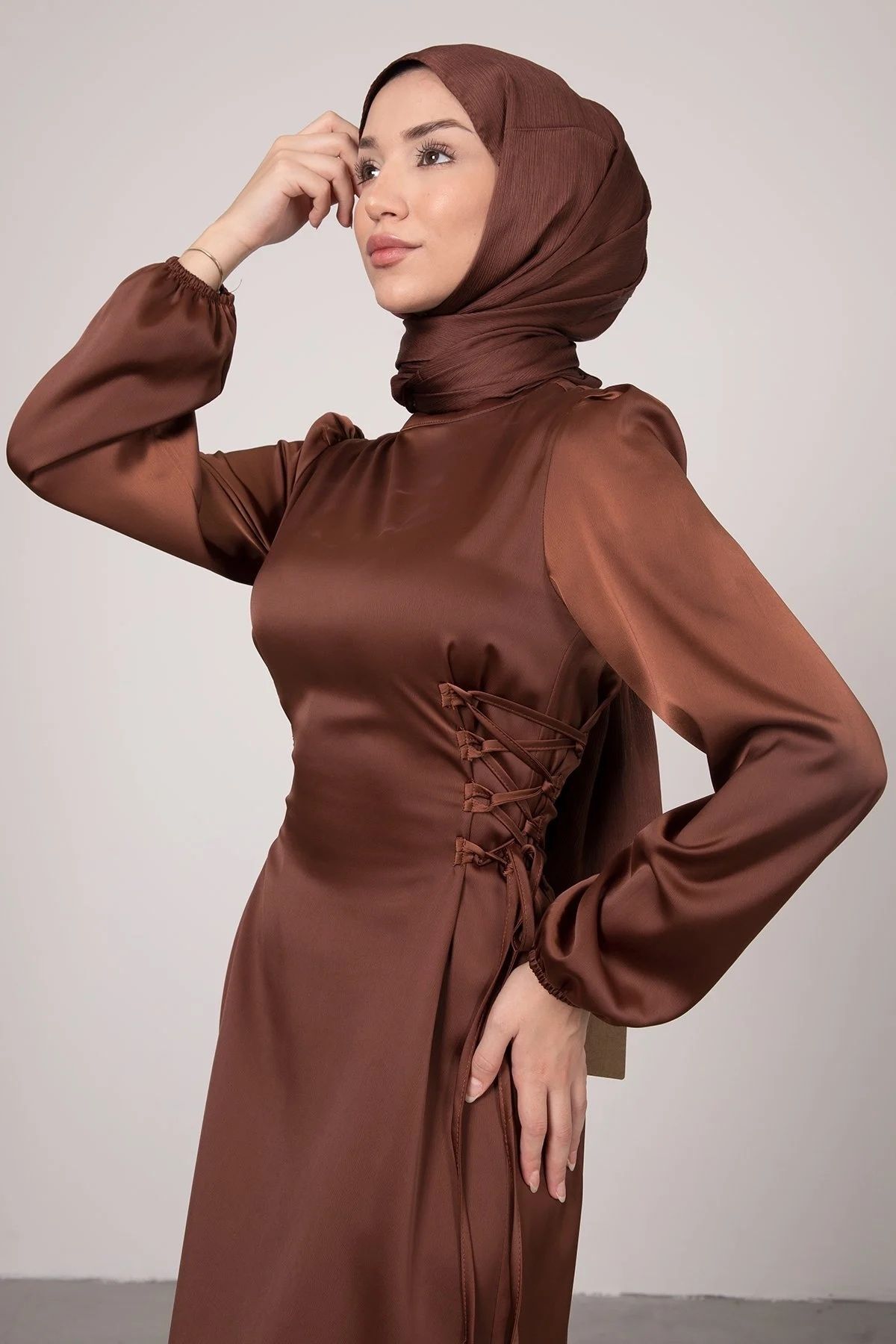 Suedcollection Satin Evening Dress - Side String Tie - Trendyol