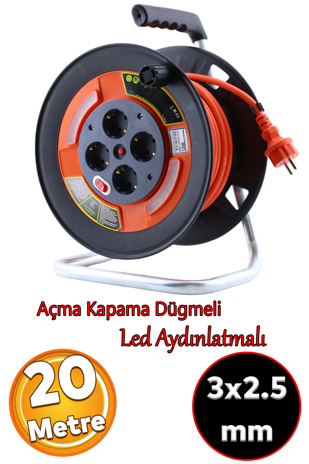 Badem10 Plastik Makaralı Seyyar CCA Kablo 4 Prizli Monofaze Uzatma Kablosu 3x2.5 mm TTR Kablo 20 ...