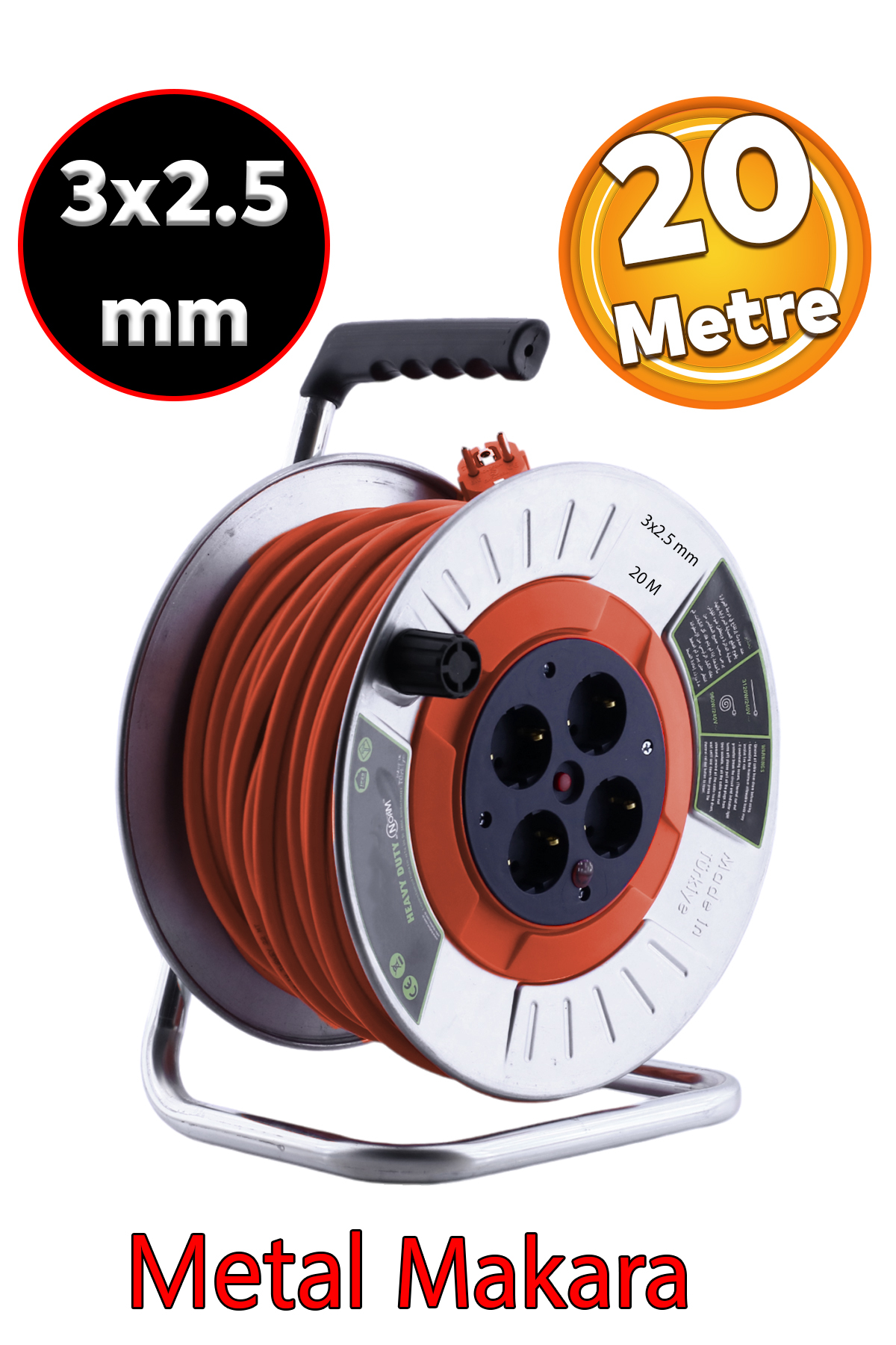 Badem10 Metal Makaralı Seyyar CCA Kablo 4 Prizli Monofaze Uzatma Kablosu 3x2.5 mm TTR Kablo 20 ...