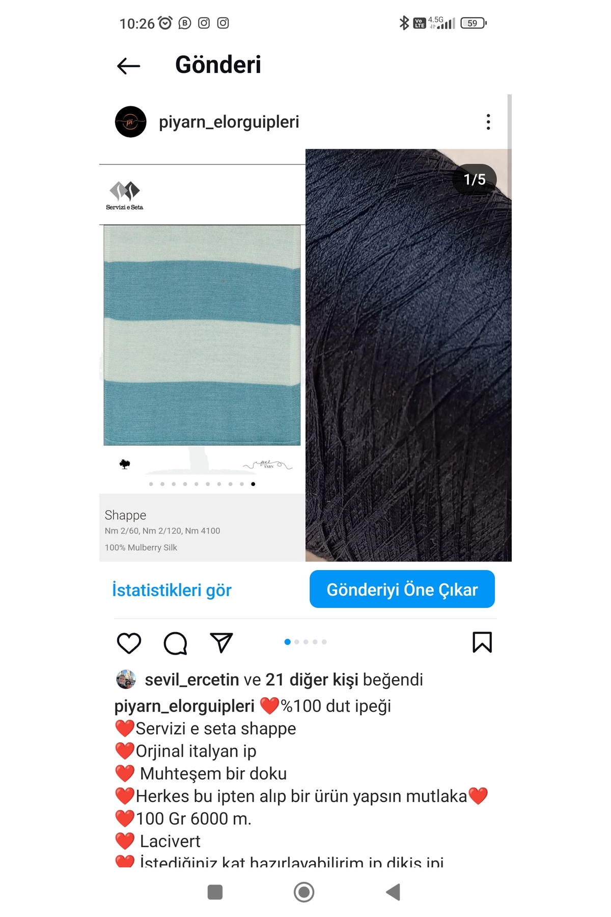 Pİ Yarn %100 dut ipeği 200 Gr Lacivert İtalya üretimi Servizi e seta ...