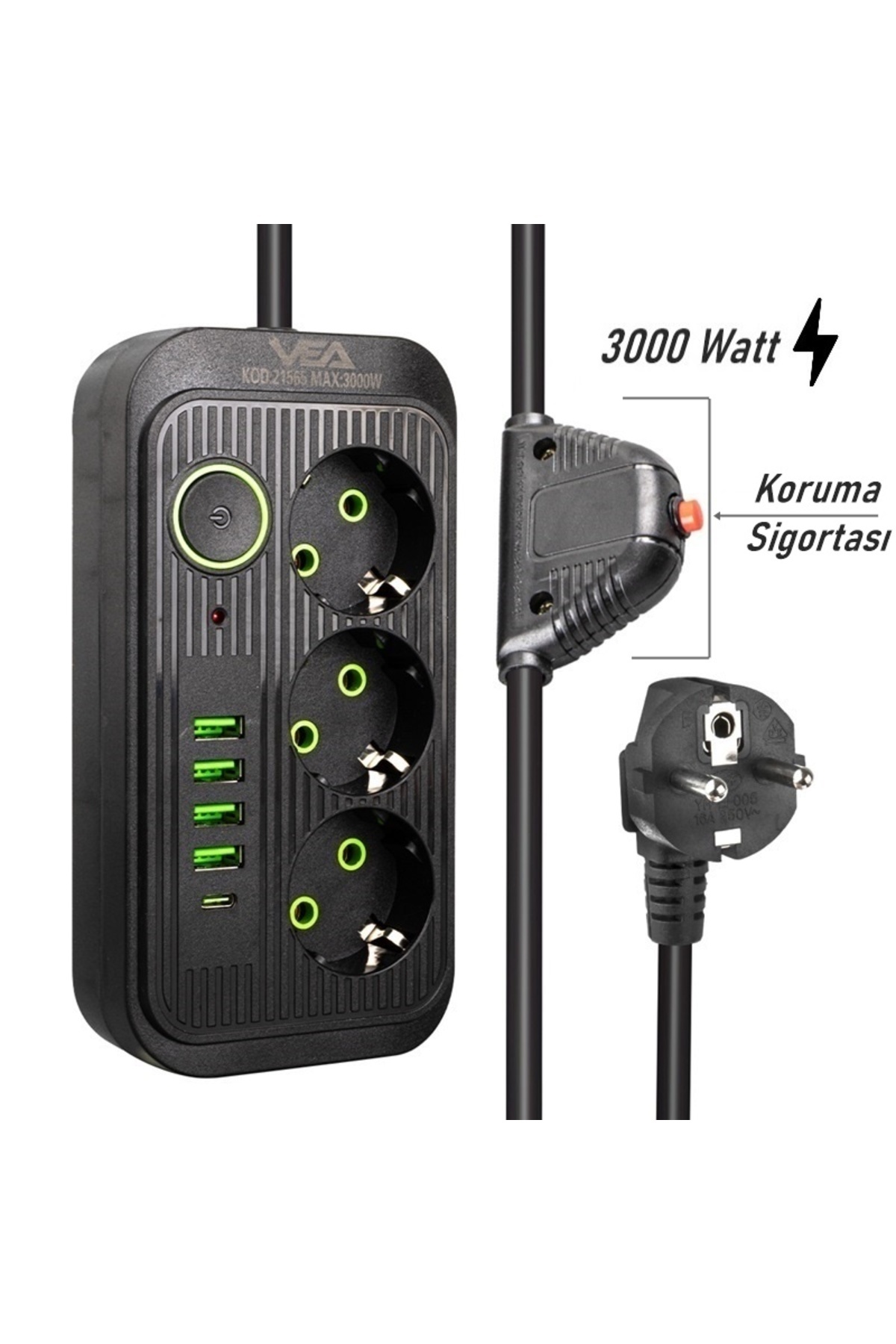 TechMore Akım Korumalı Grup Priz 3’lü 1.5 Metre Kablolu 4 Usb Type-c ...