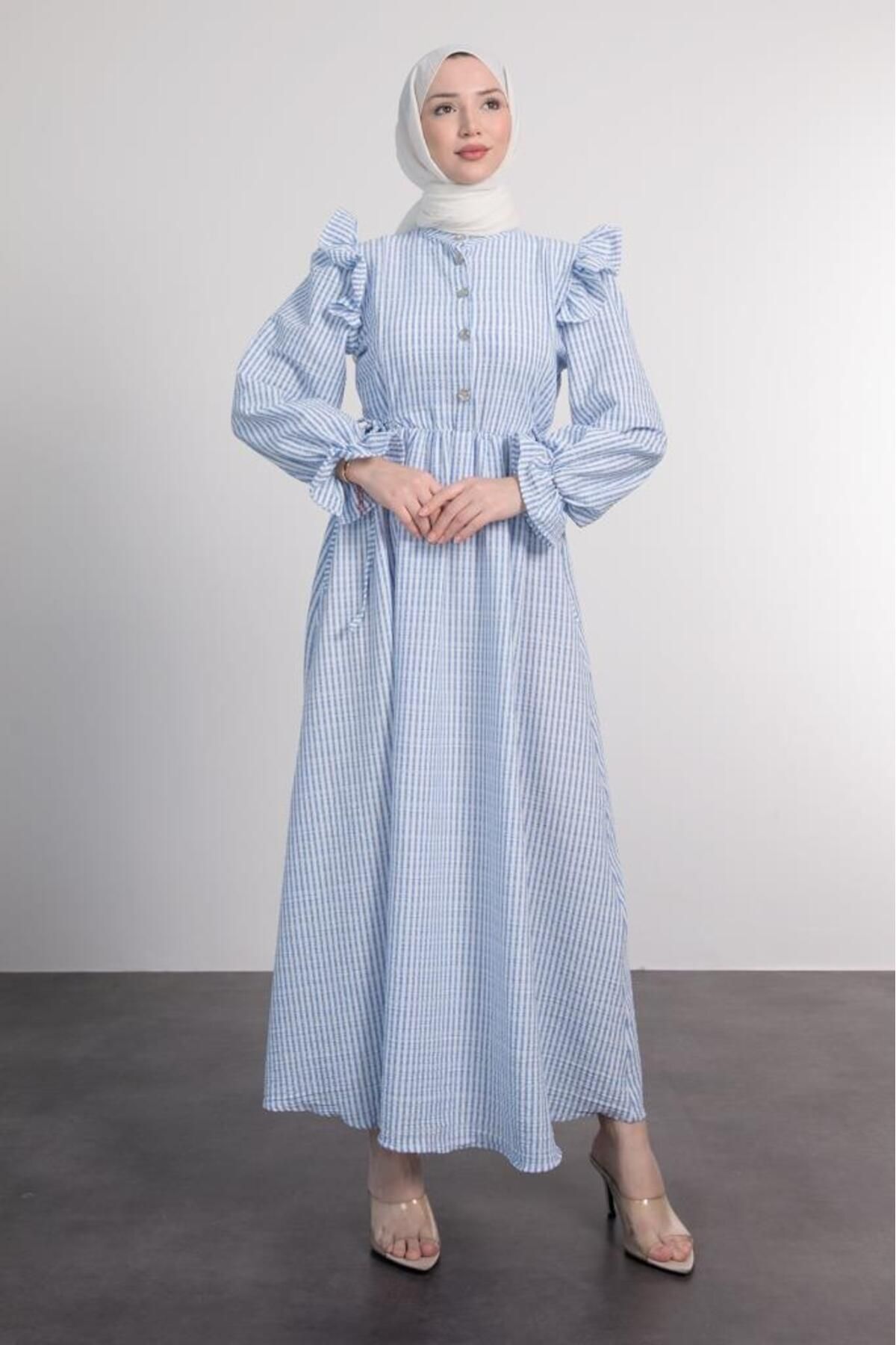 Lamia Giyim Baby Blue Vertical Striped Frilly Hijab Dress- Trendyol
