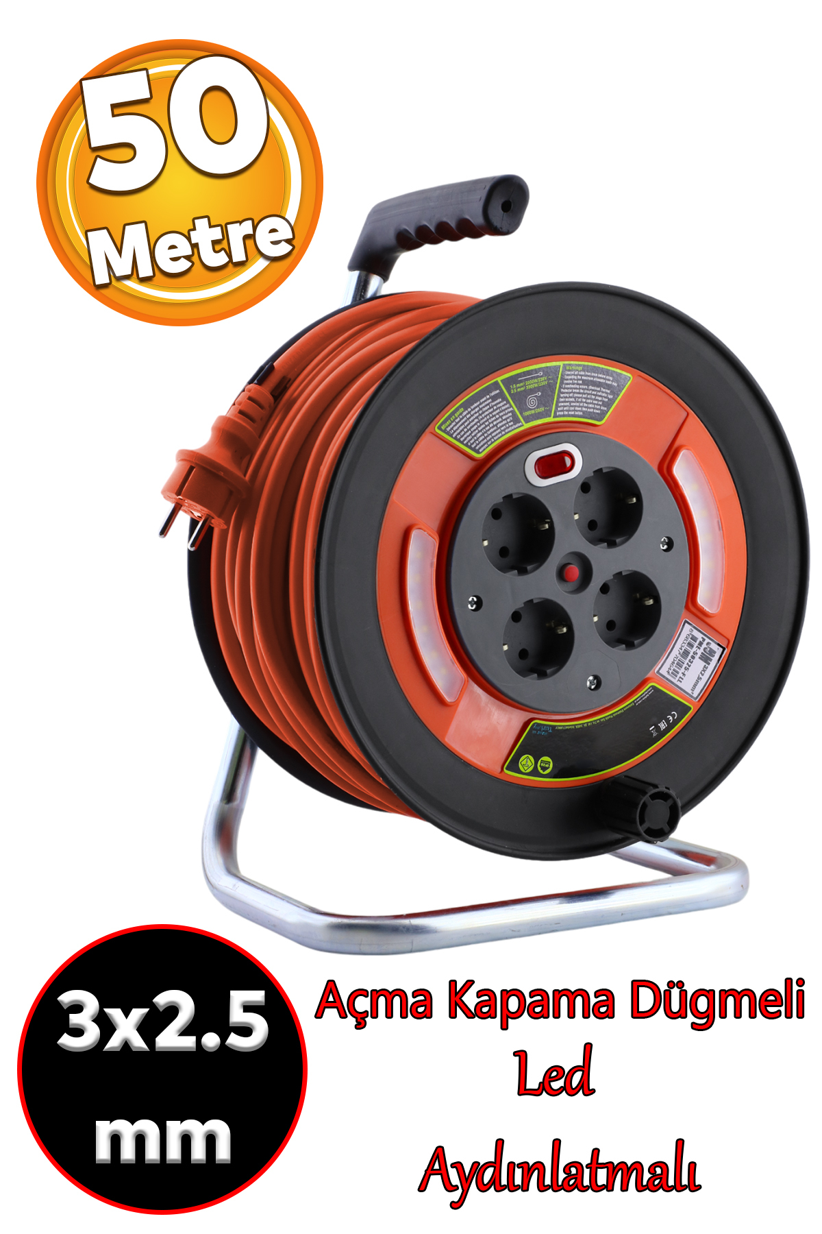 Badem10 Plastik Makaralı Seyyar TTR Kablo 50 Metre CCA Kablo 3x2.5 mm 4 Prizli Monofaze Uzatma ...