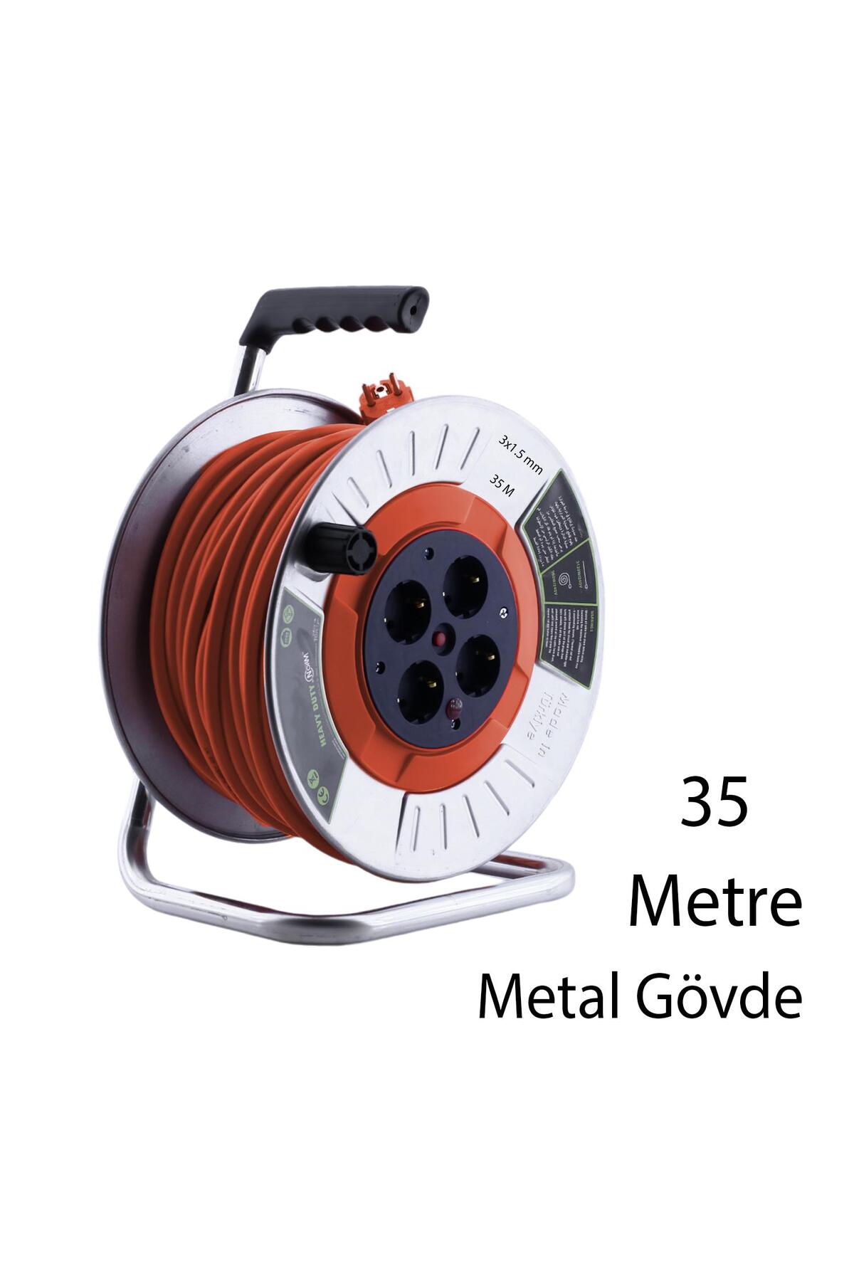 Badem10 Metal Makaralı Seyyar 3x1.5 mm TTR Kablo 35 Metre CCA Kablo 4 Prizli Monofaze Uzatma ...
