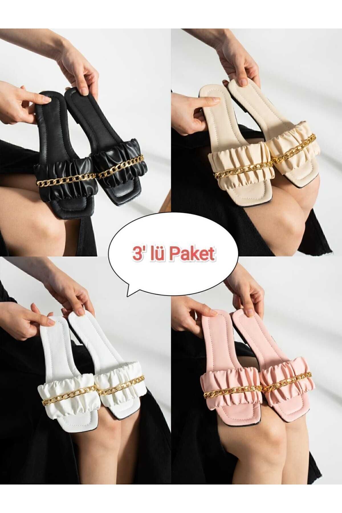 Moda Devrin 3'lü Paket Büzgülü Kadın Terlik Dış Mekan Ev Terliği Çeyiz ...