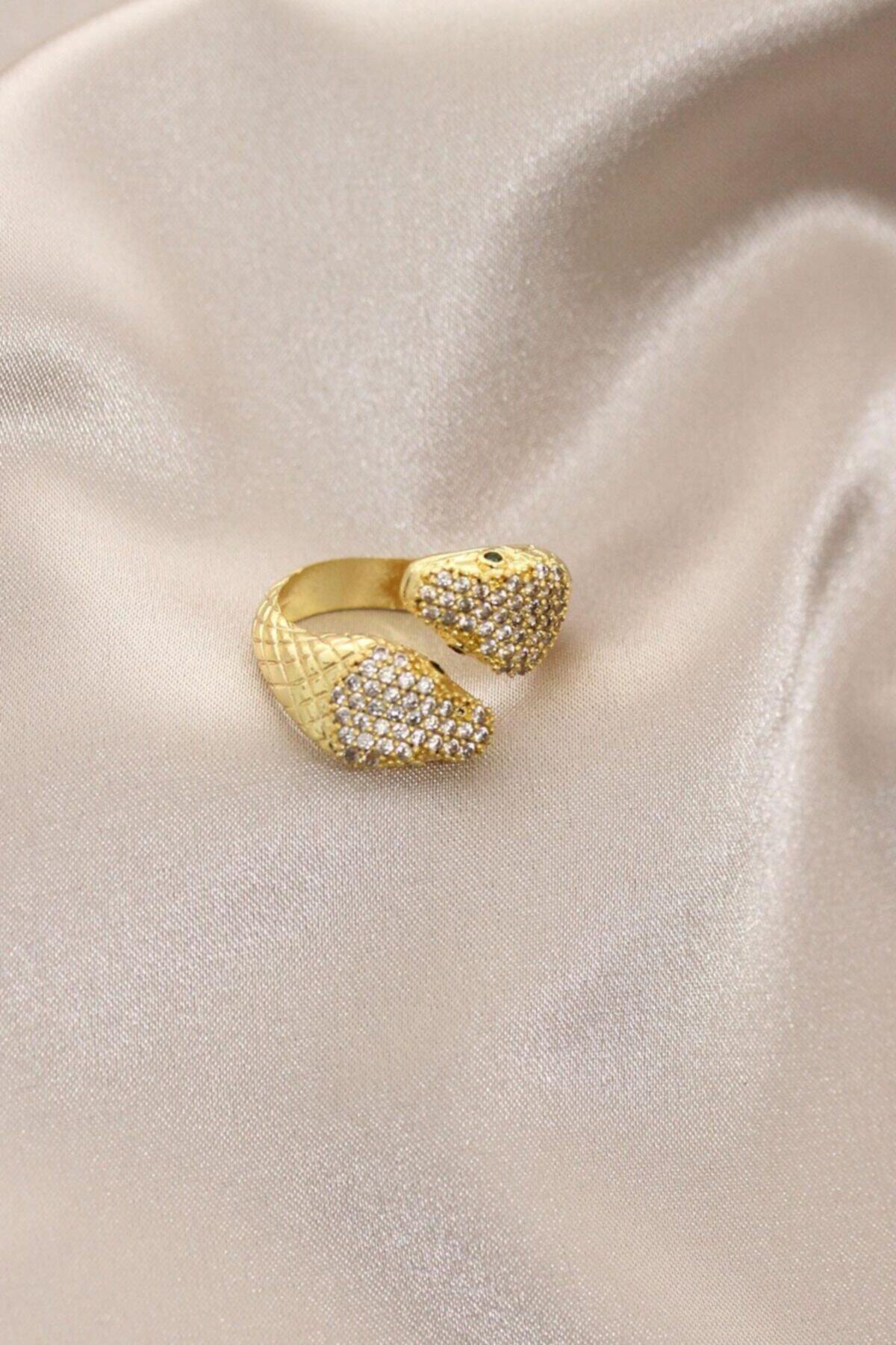 Moco New Season Gold Color Green Eyed Jewelled Snake Ring- Trendyol
